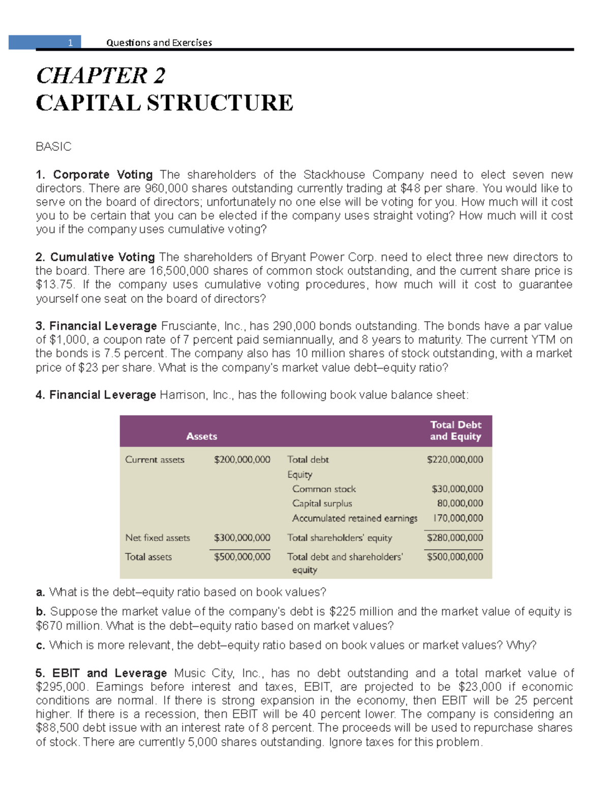 Chapter 2 Exercises - Chap 2 - 1 Questions and Exercises CHAPTER 2 CAPITAL STRUCTURE BASIC ...