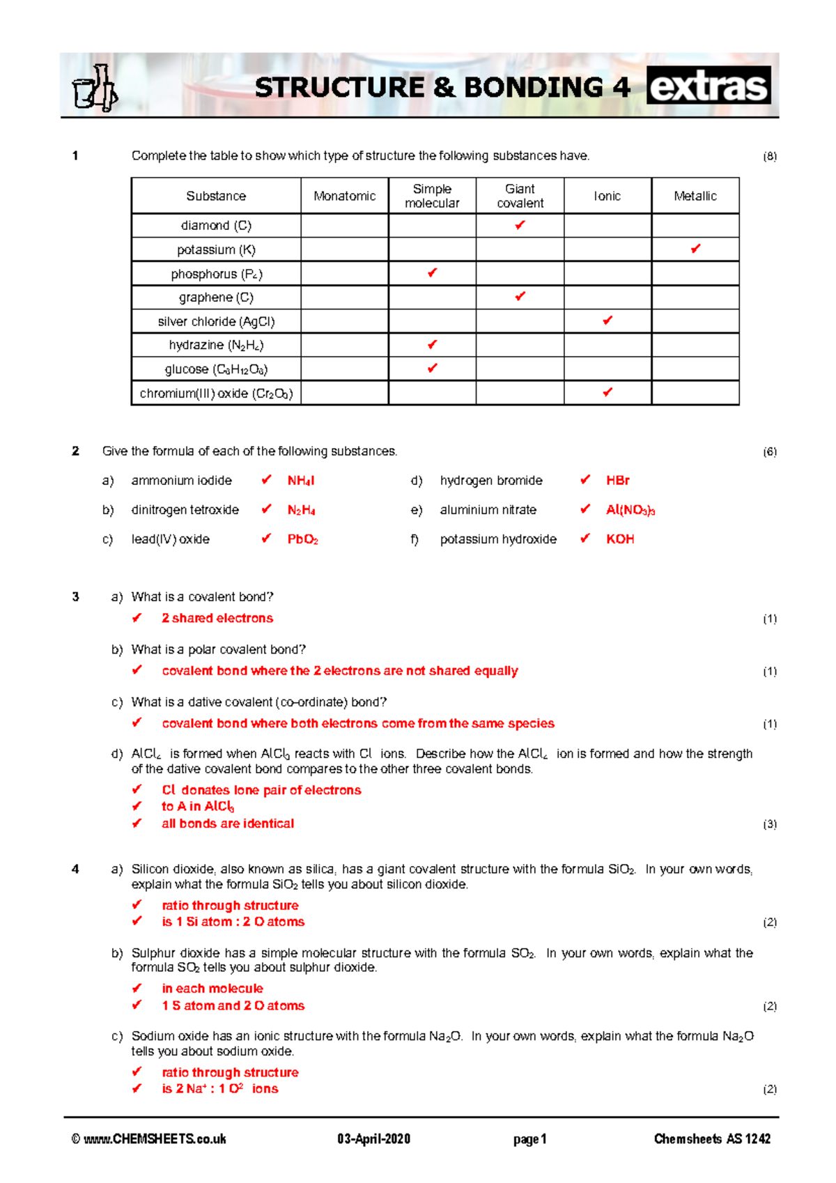 Chemsheets AS 1242 Extras Structure and bonding 4 ANS - © CHEMSHEETS.co ...