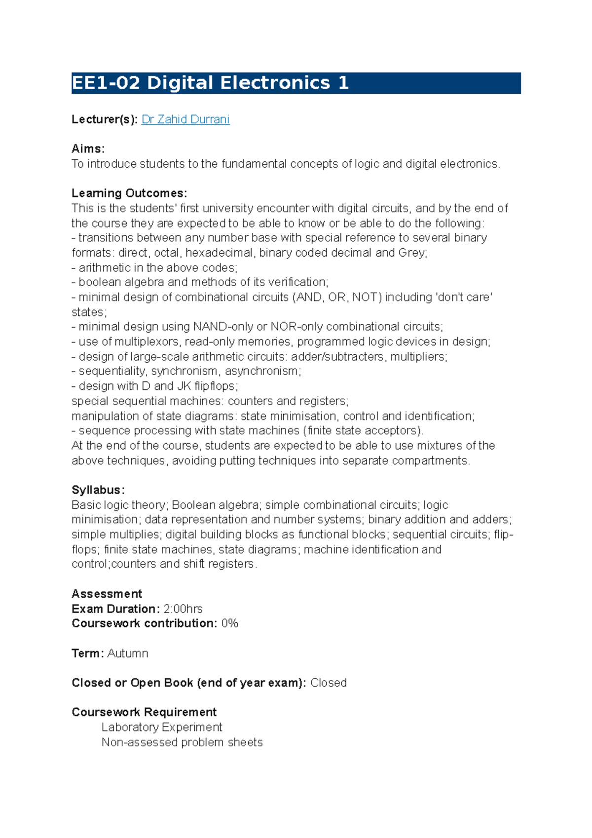 Digital Electronics I - Summary - EE1-02 Digital Electronics 1 Lecturer ...
