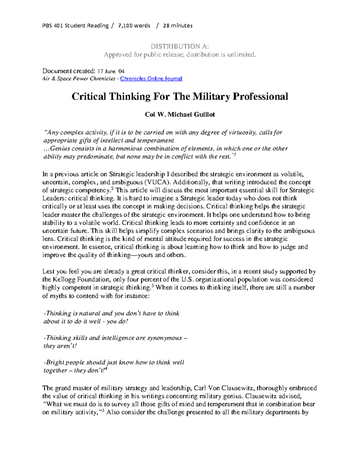 PBS401B Student Reading, Critical Thinking for the Military ...