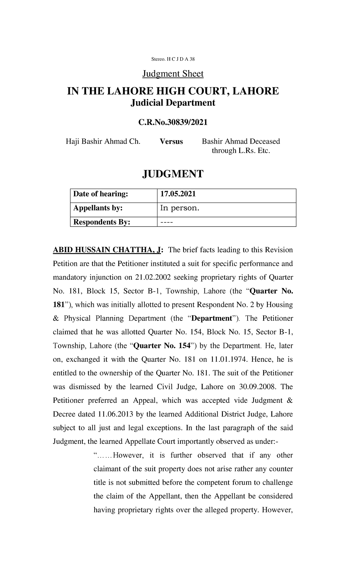 2021LHC1380 - Judgement - Stereo. H C J D A 38 Judgment Sheet IN THE ...