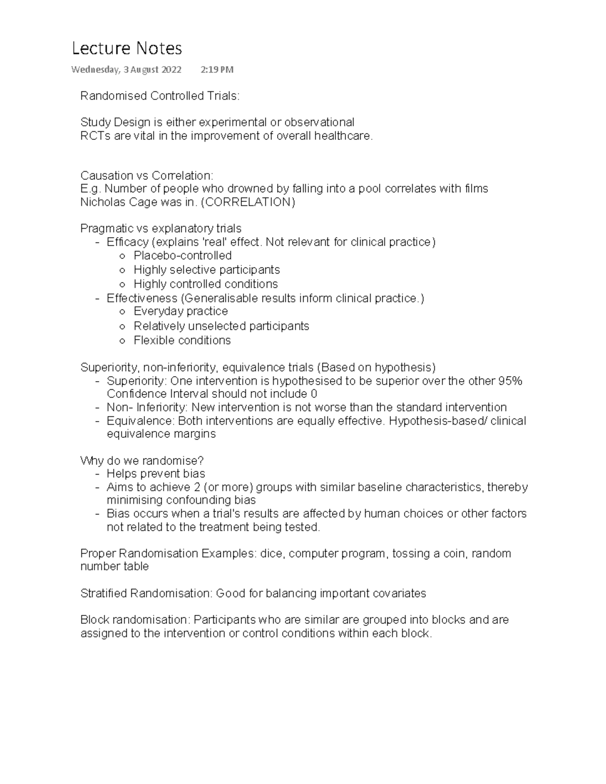 Lecture 1 Notes - Randomised Controlled Trials: Study Design is either ...