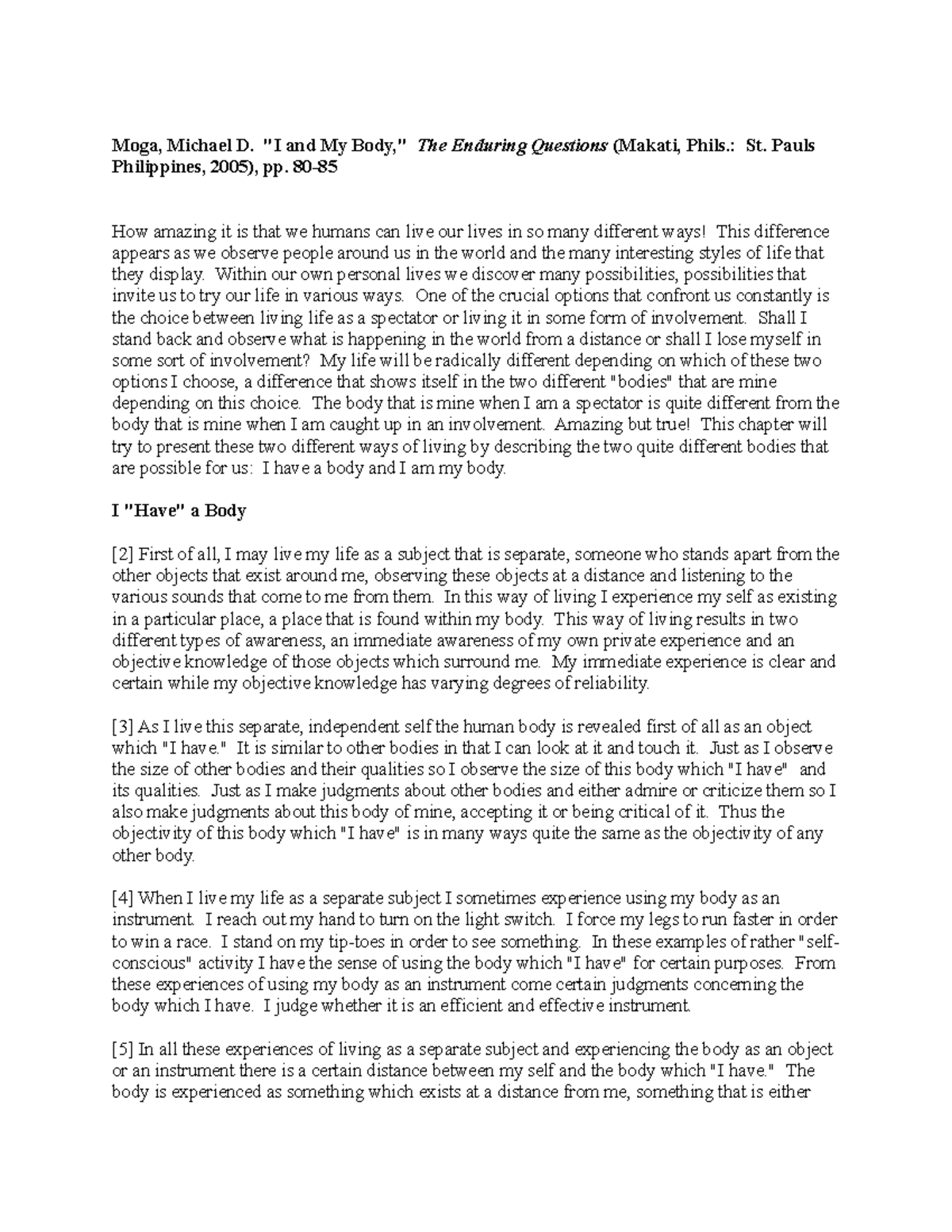 Philo 1st Mission Alternative - Moga, Michael D. "I and My Body," The ...