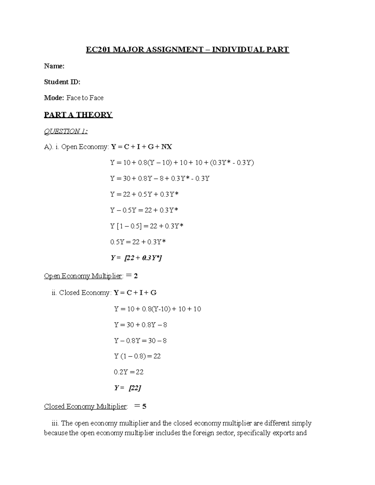 EC201 Major Assignment - Individual PART - EC201 MAJOR ASSIGNMENT – INDIVIDUAL PART Name ...