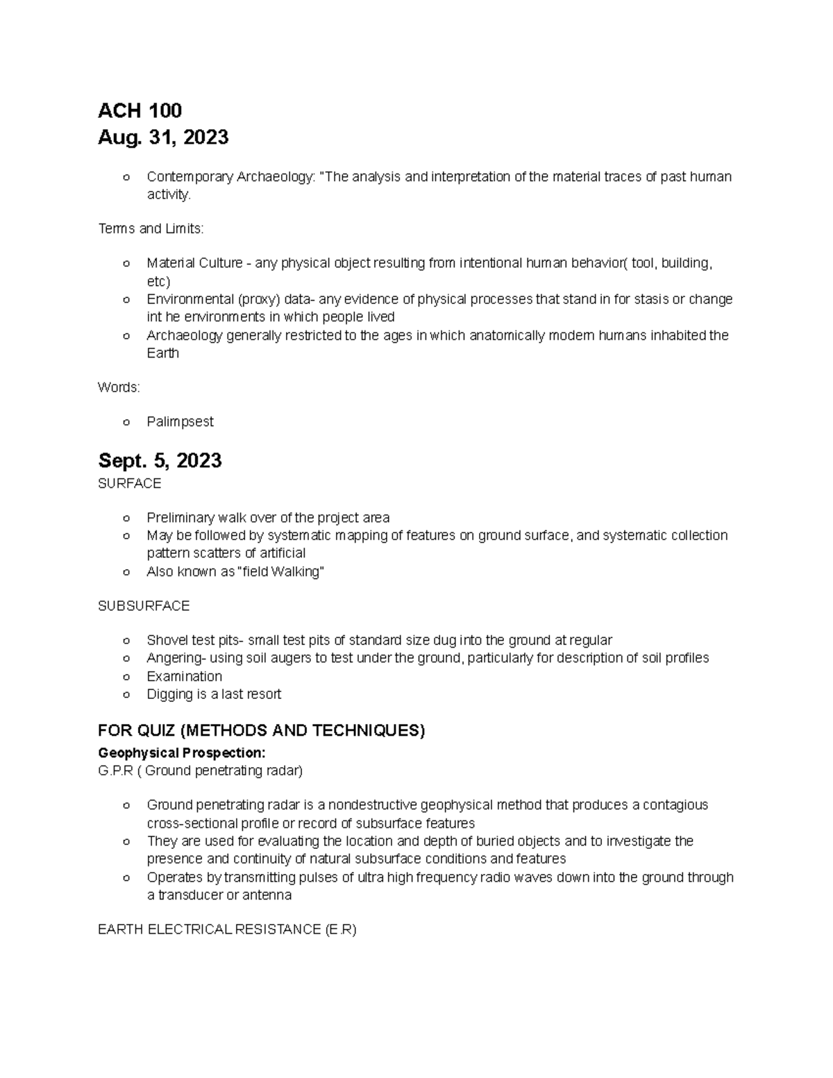 ACH 100 - Notes - ACH 100 Aug. 31, 2023 Contemporary Archaeology: “The ...