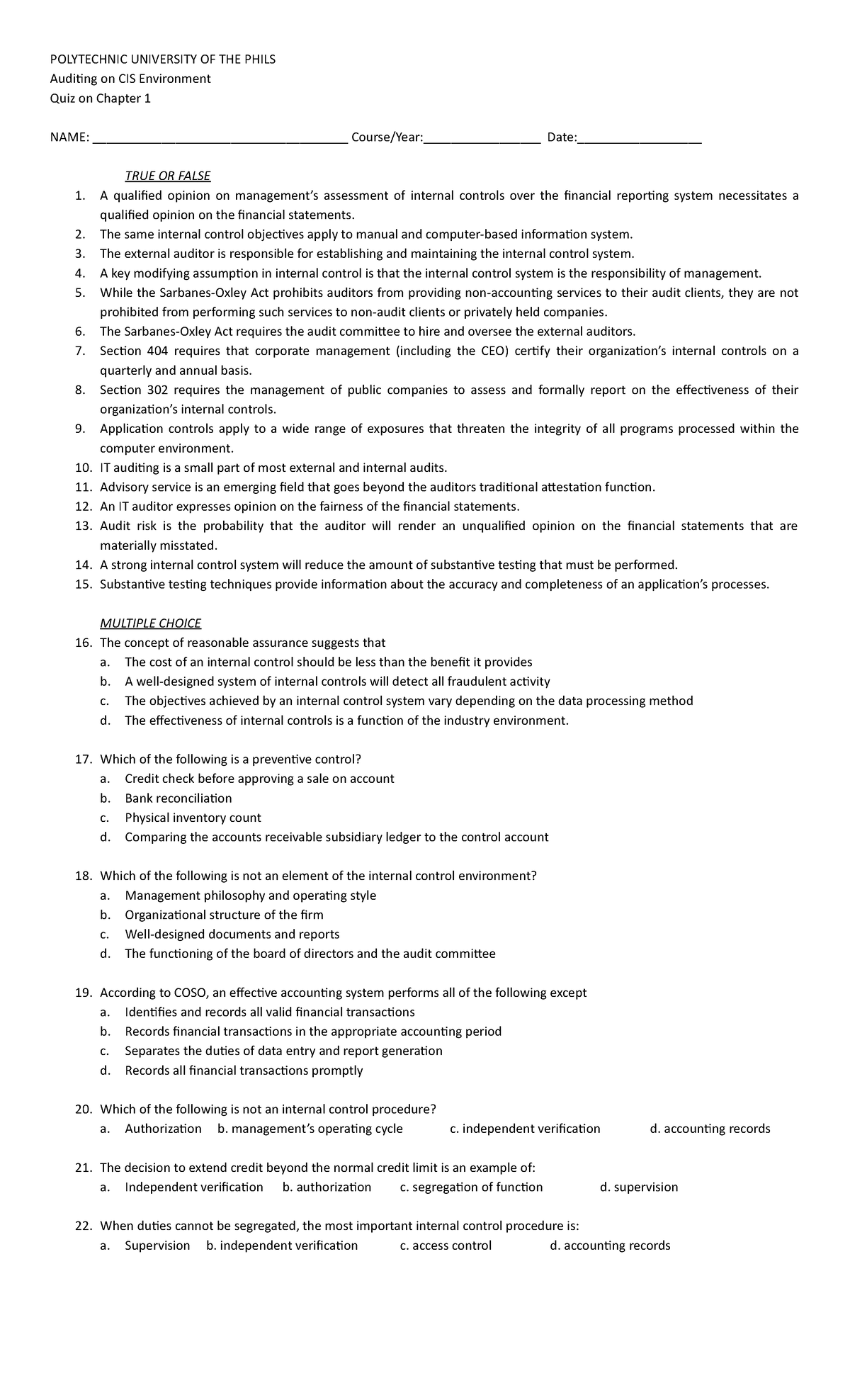 CIS Quiz Chap 1 ABDHBFDG - POLYTECHNIC UNIVERSITY OF THE PHILS Auditing ...