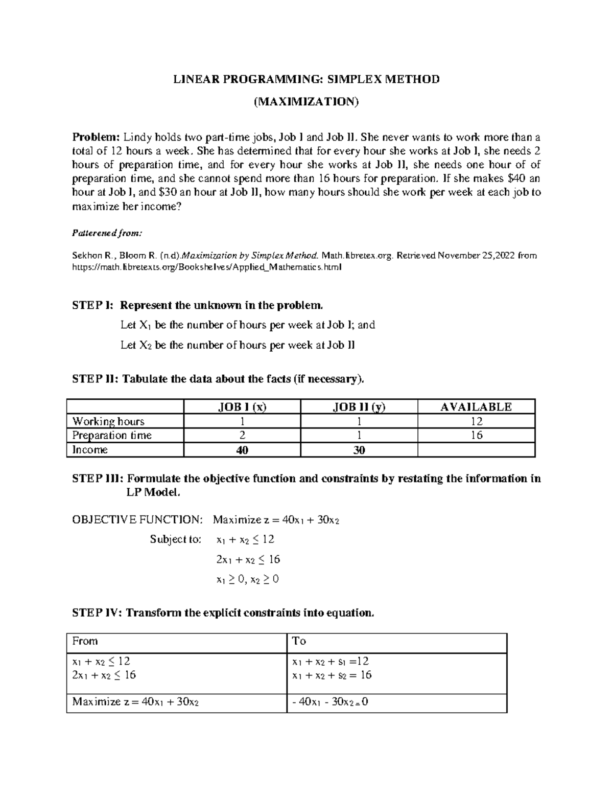 Max Simplex Method Linear Prog Linear Programming Simplex Method Maximization Problem