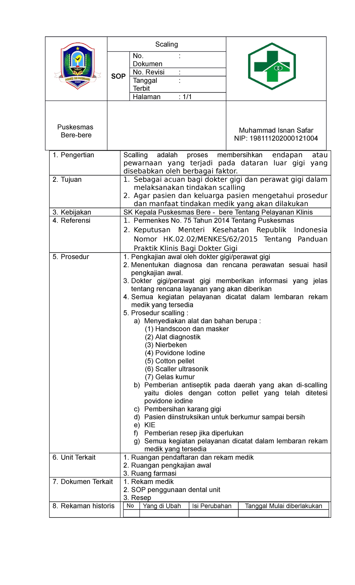SOP Scaling - SOP - Scaling SOP No. Dokumen : No. Revisi : Tanggal ...