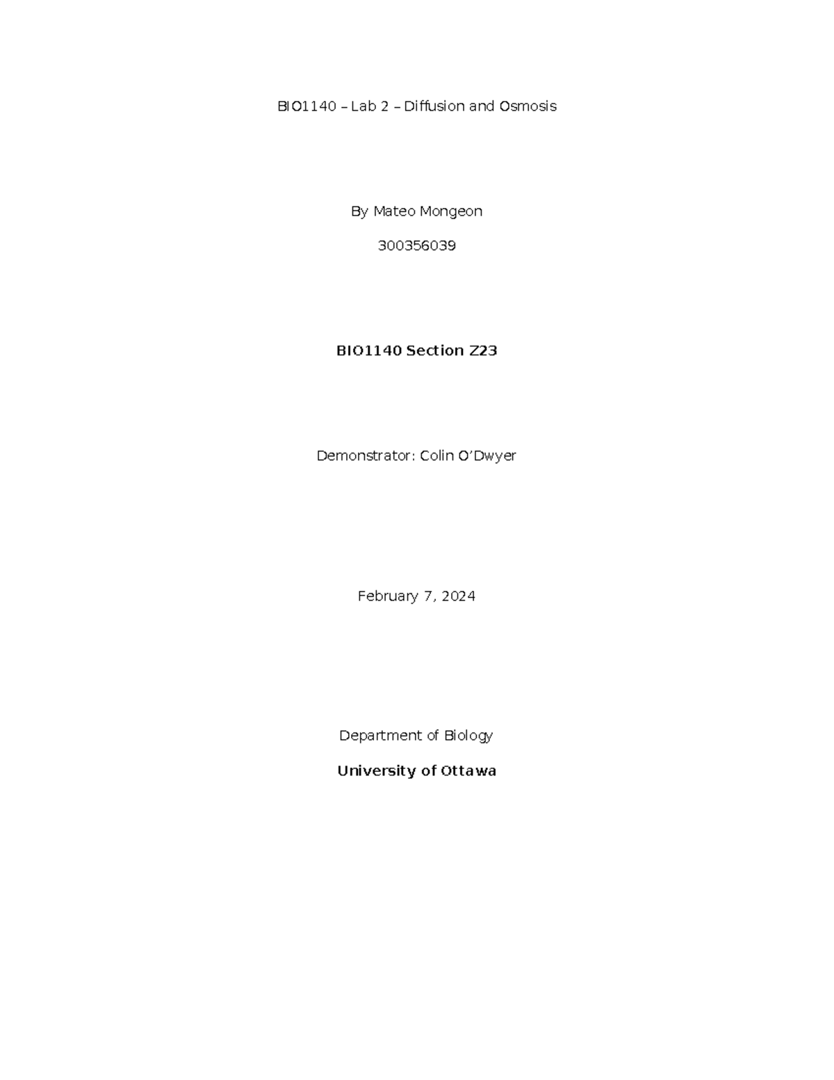Bio lab 2 - BIO LAB 2 - BIO1140 – Lab 2 – Diffusion and Osmosis By ...