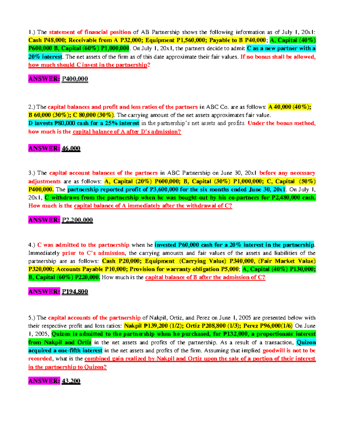 Quiz-Partnership Dissolution - 1.) The statement of financial position of AB Partnership shows ...