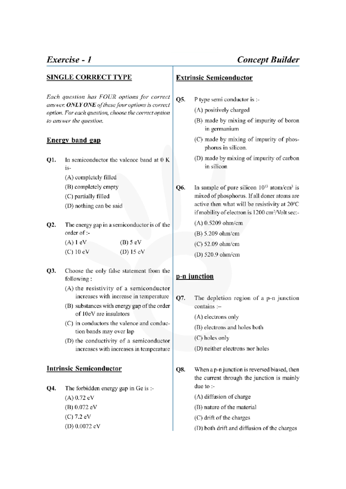 Practice Sheet Semiconductors - Exercise 1 Concept Builder SINGLE CORRECT TYPE Each question has ...