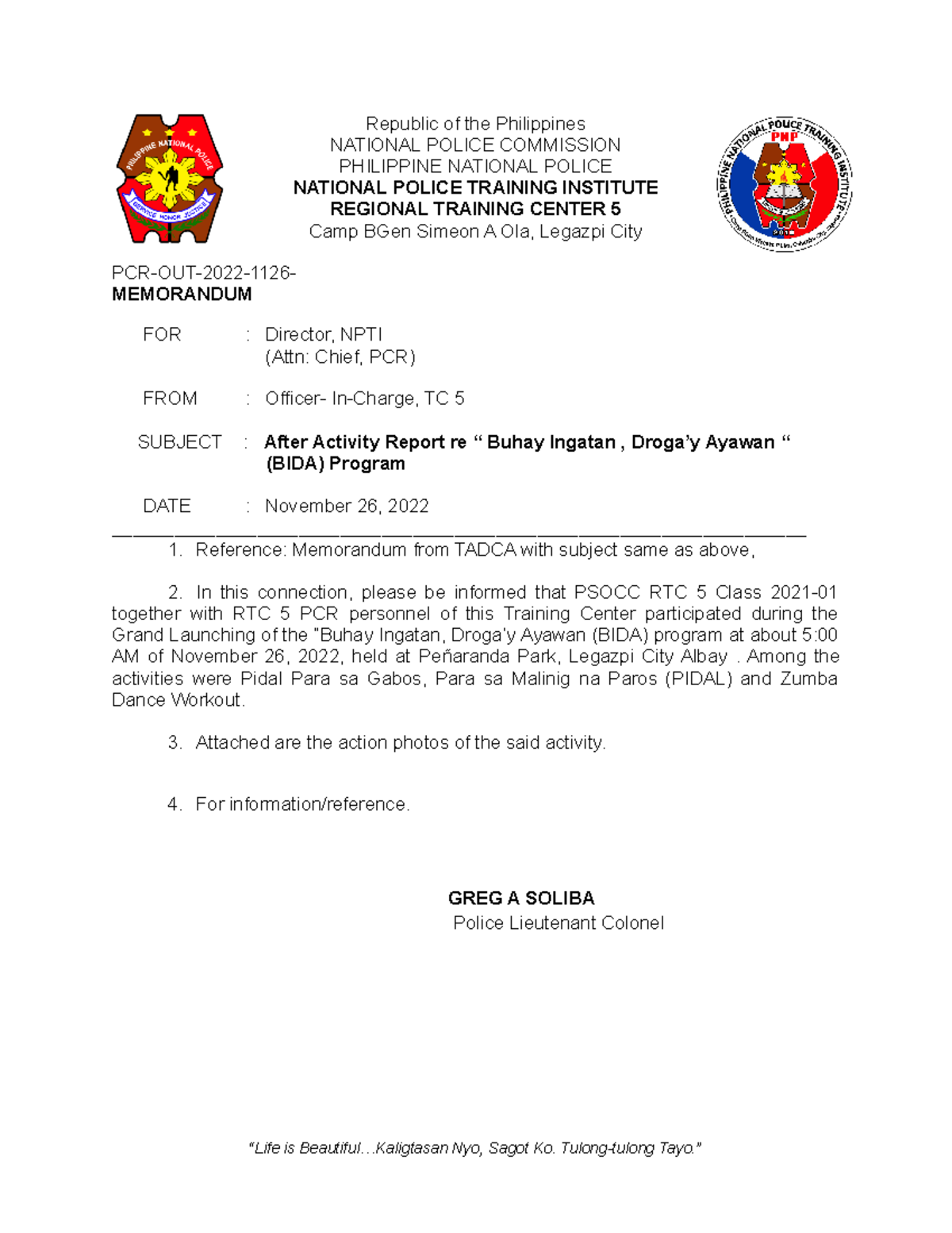 AAR FOR BIDA Program RTC 5 - Republic of the Philippines NATIONAL POLICE COMMISSION PHILIPPINE ...