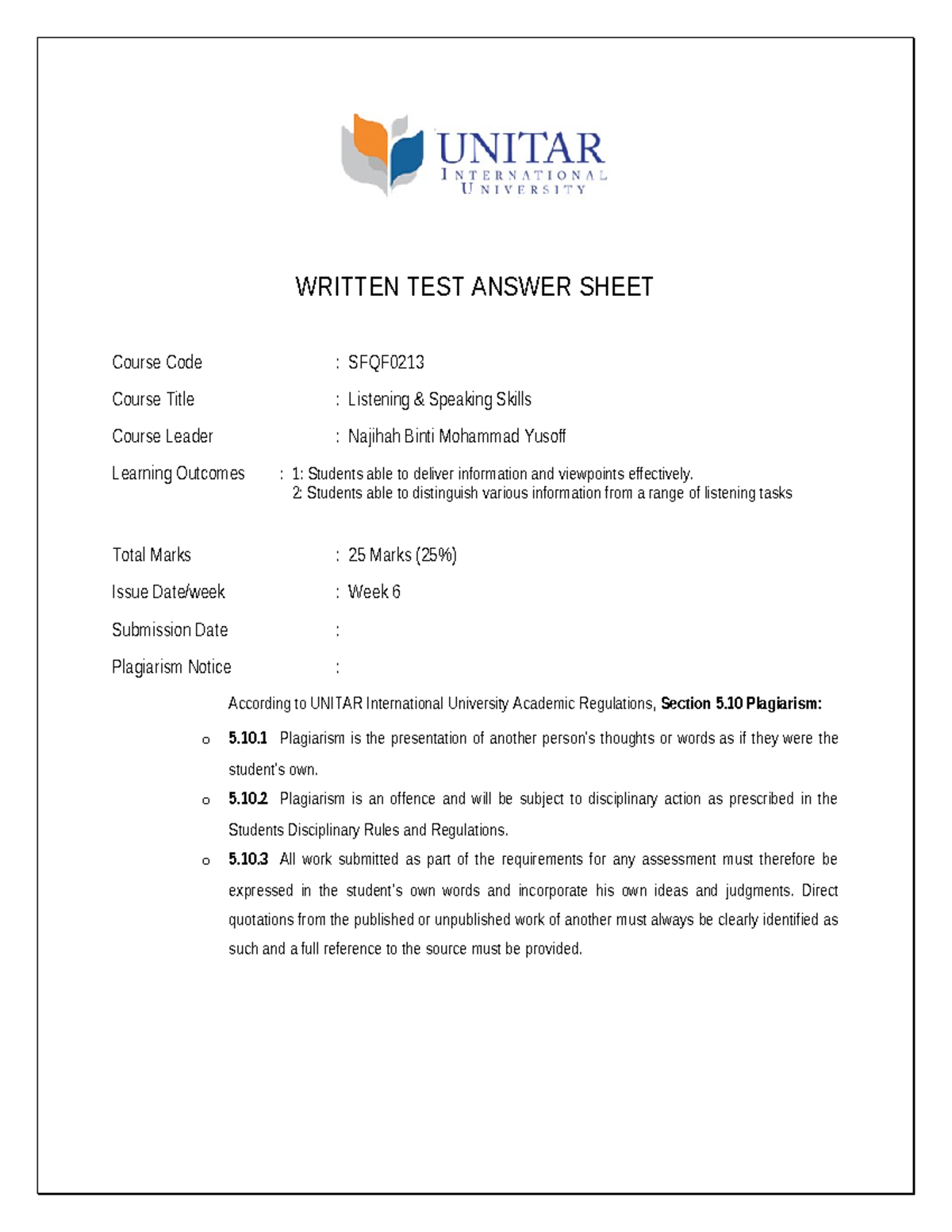 Written Test Prsctice - WRITTEN TEST ANSWER SHEET Course Code : SFQF ...