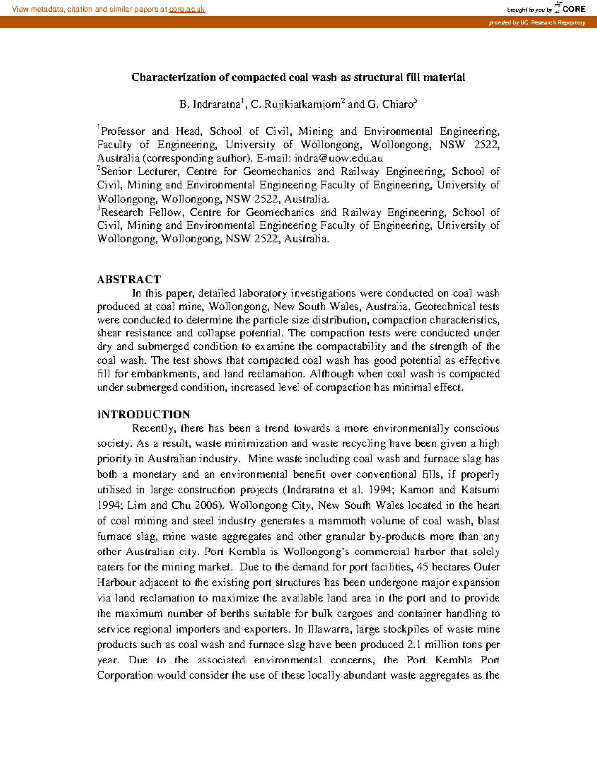 2006 07 ha annual report - Characterization of compacted coal wash as ...