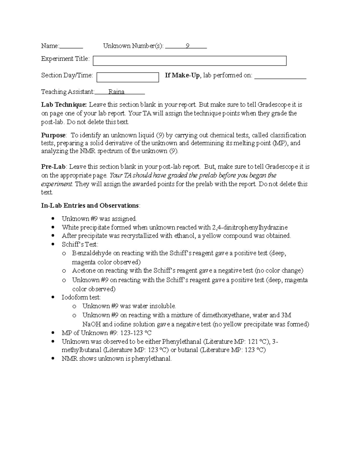 AAK Report - Name: Unknown Number(s): 9 Experiment Title: Section Day/Time: If Make-Up, lab ...