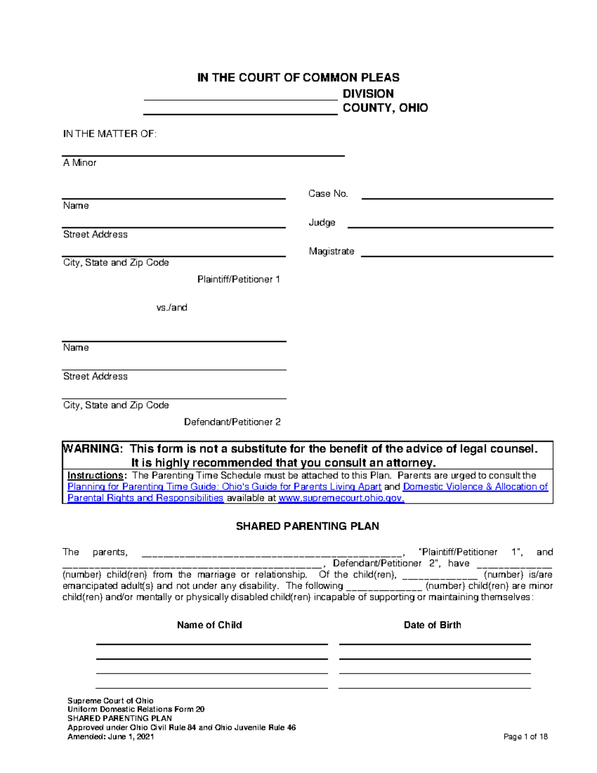 Draft parenting plan - sample - Supreme Court of Ohio Uniform Domestic ...