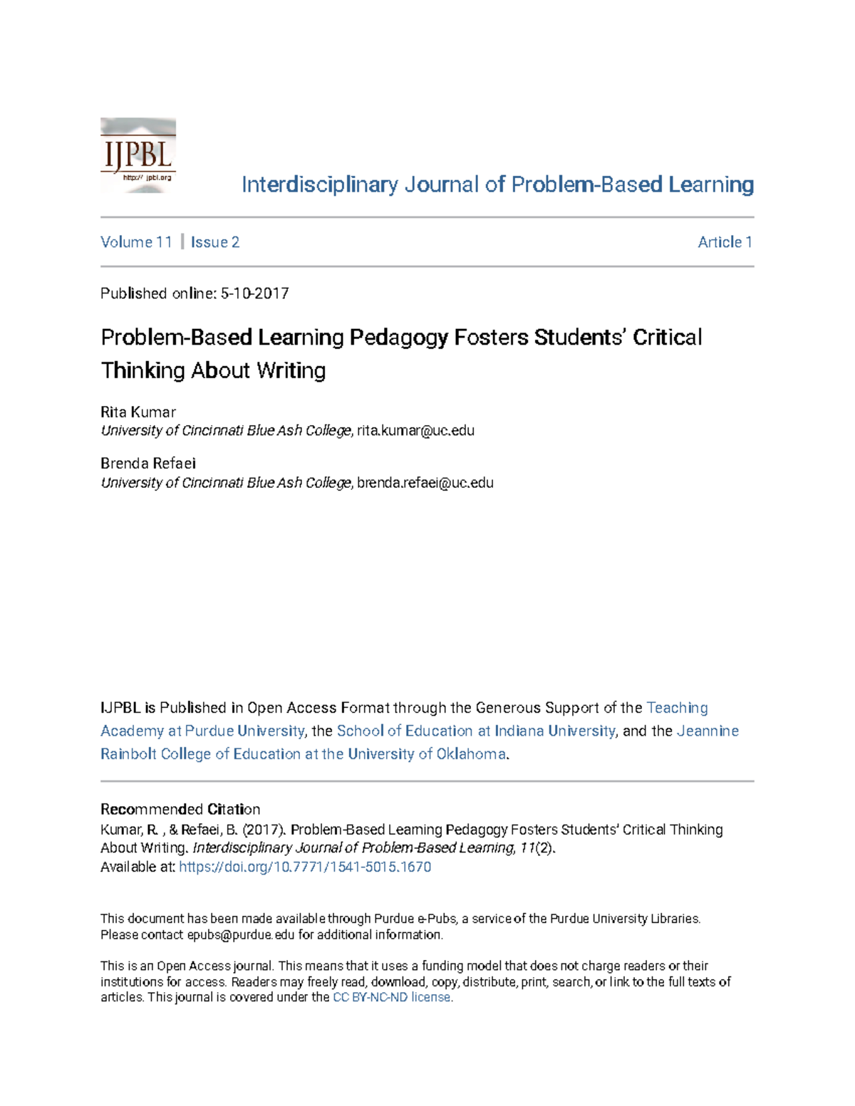 Problem-Based Learning Pedagogy Fosters Students Critical Thinki ...