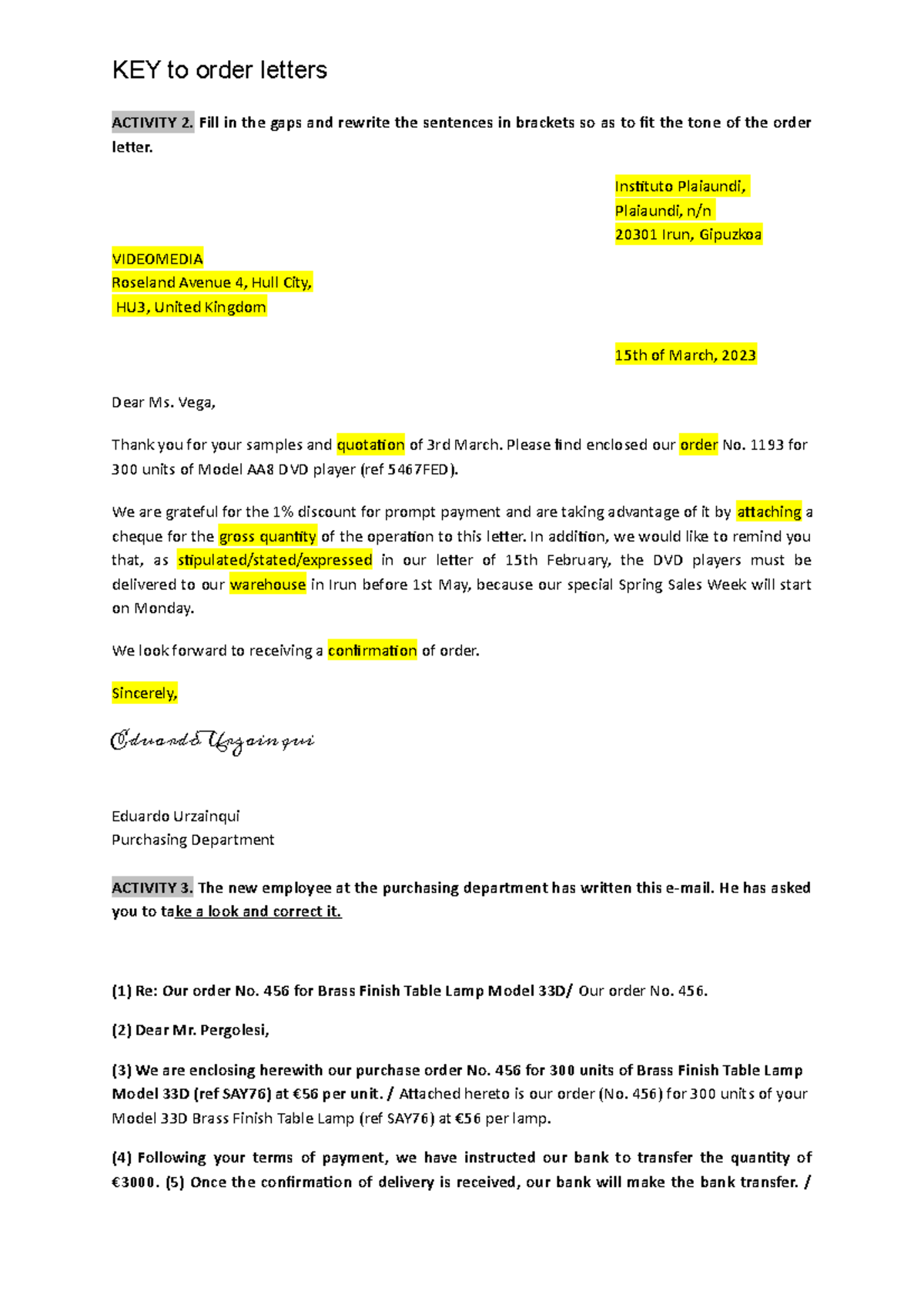 Key to order letters activities 2 3 and 4 - KEY to order letters ...