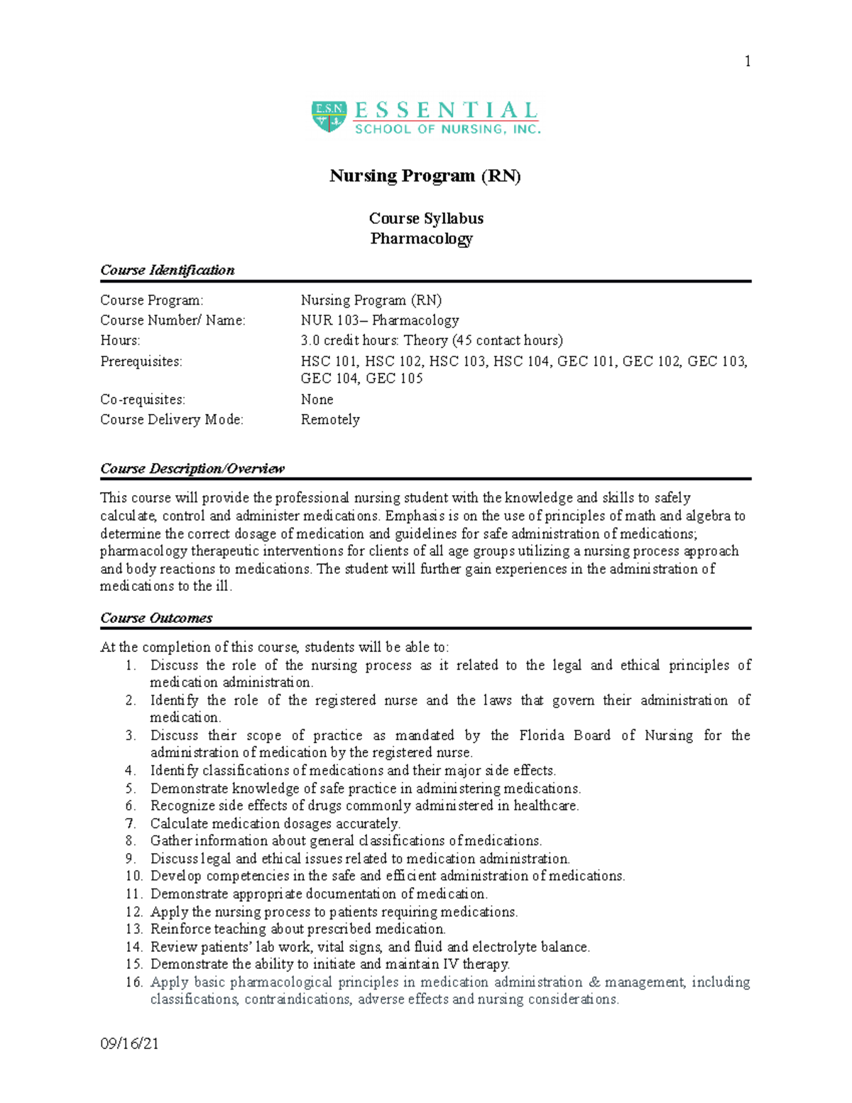 RN Pharmacology Remediation Syllabus - Nursing Program (RN) Course Syllabus Pharmacology Course ...