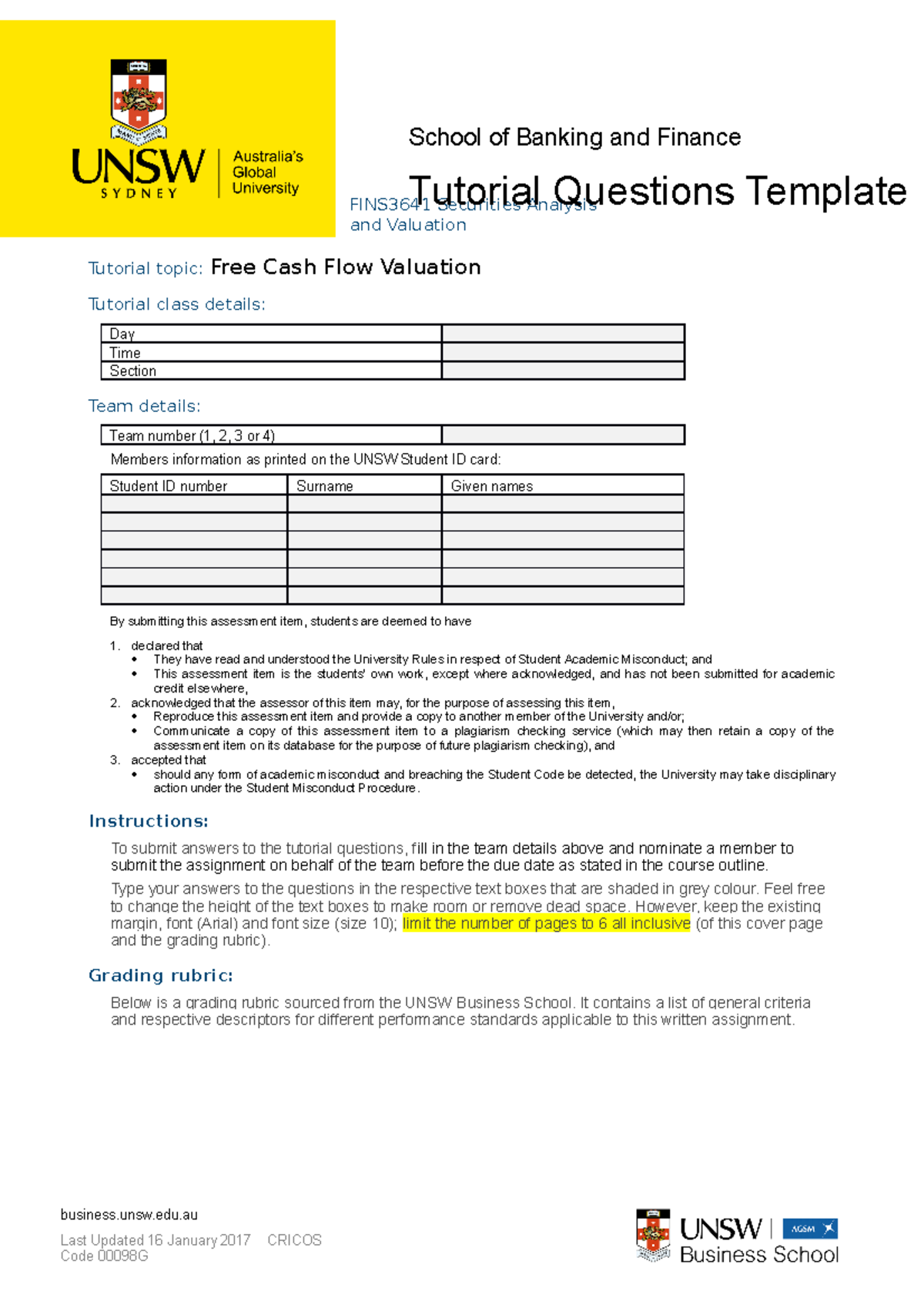 W07 Tut template FCF valuation - for week 7 REPORT - FINS3641 - UNSW ...