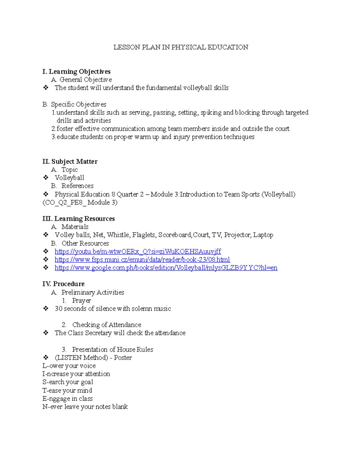 Bajade-Lp - lesson plan - LESSON PLAN IN PHYSICAL EDUCATION I. Learning ...