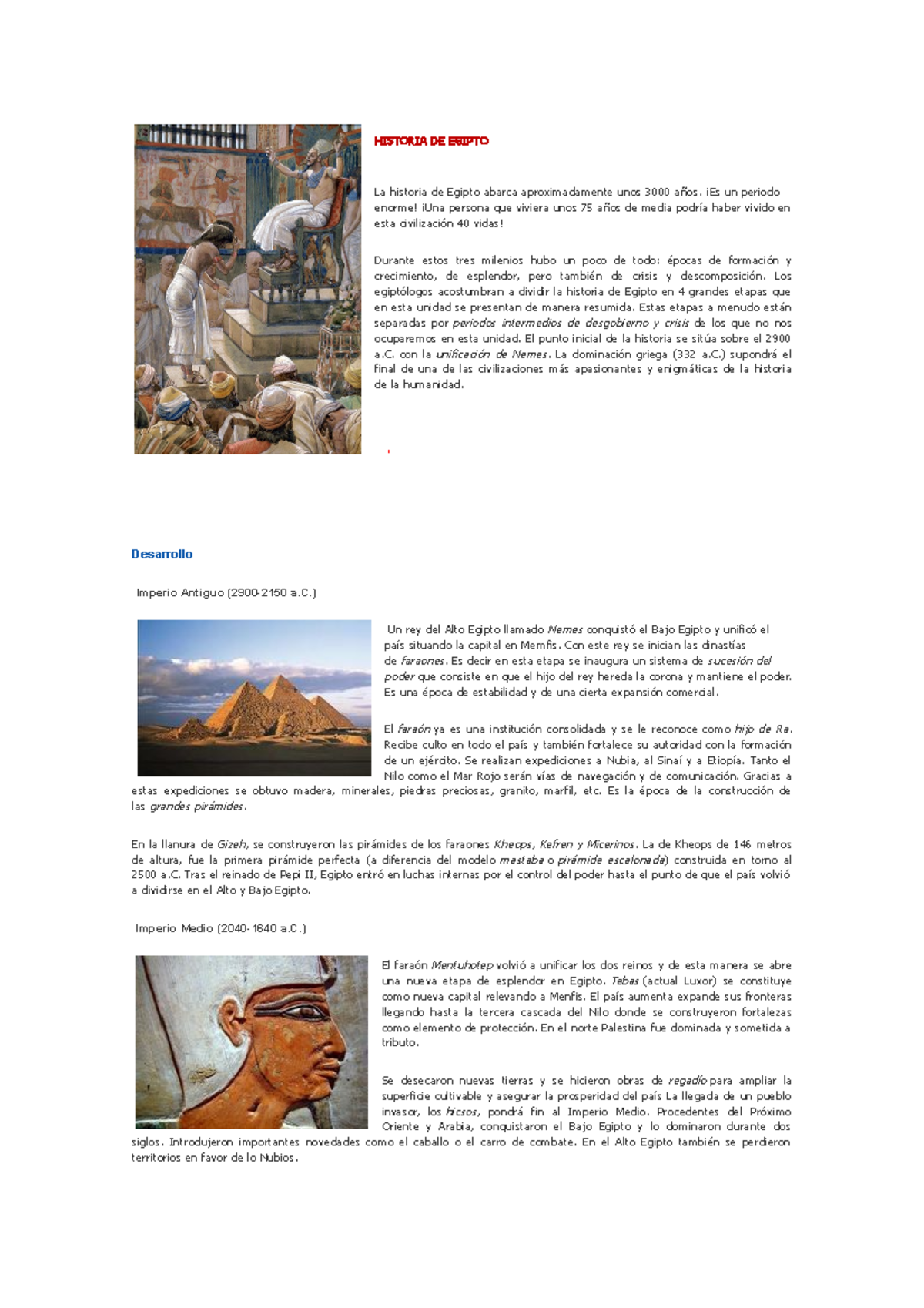 Historia DE Egipto - HISTORIA DE EGIPTO La historia de Egipto abarca ...