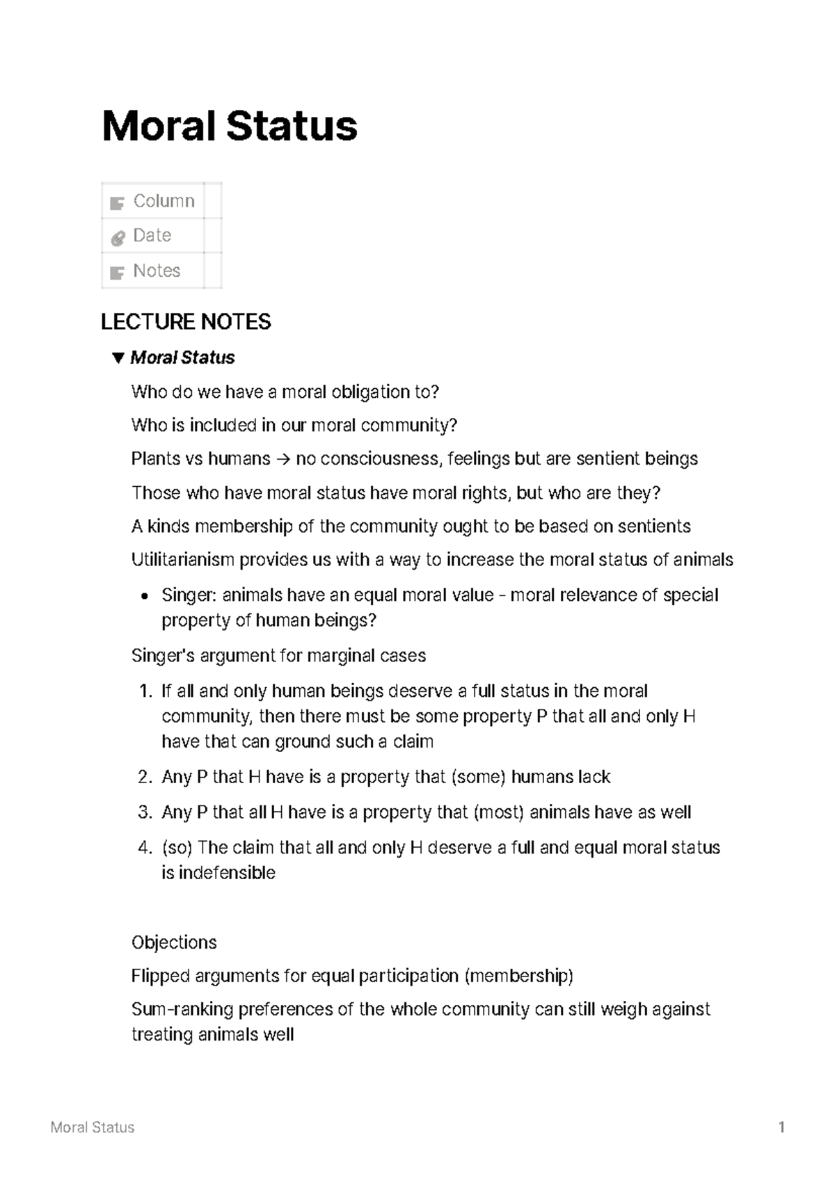 Moral Status - Lecture notes - Moral Status Column Date Notes LECTURE ...