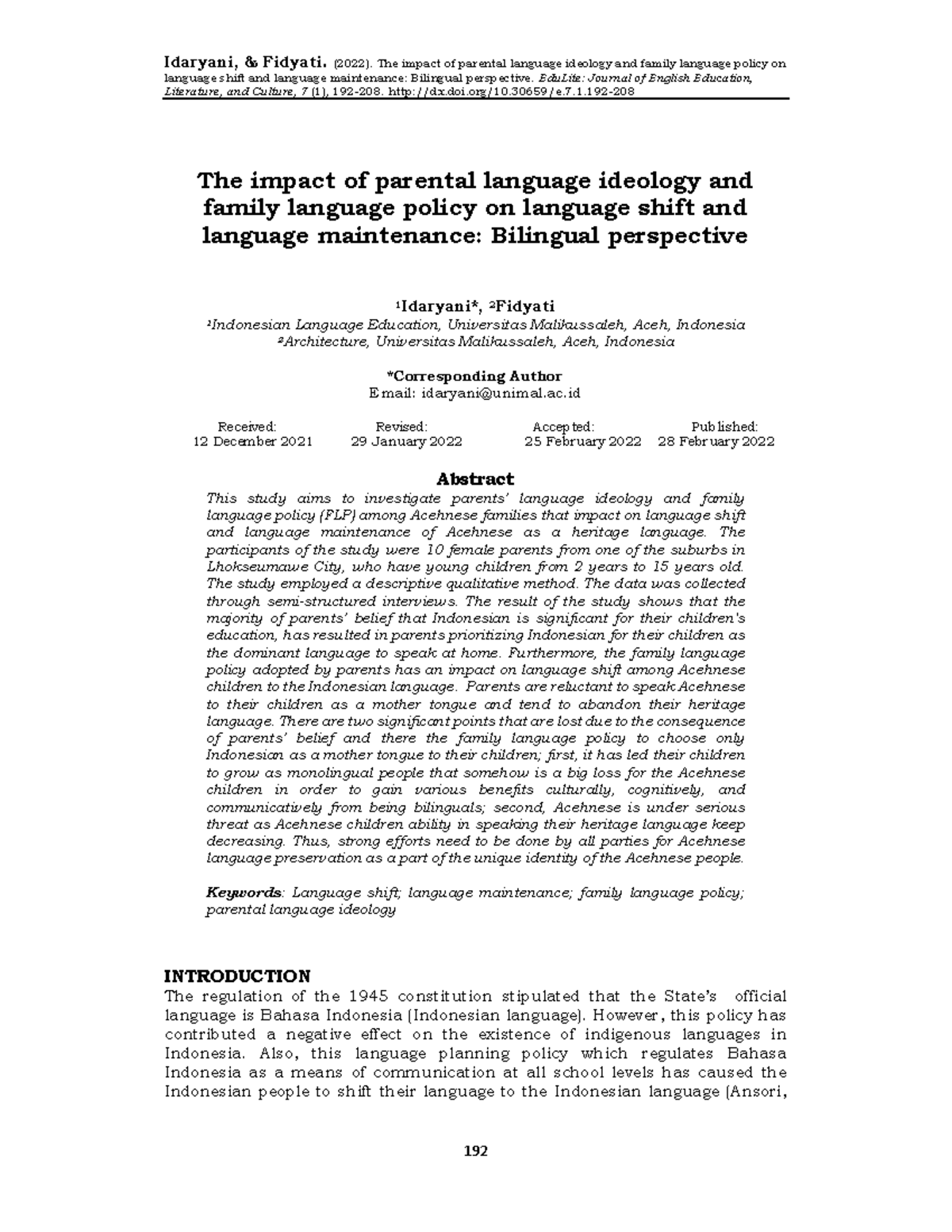 The impact of parental language ideology and family language policy on ...