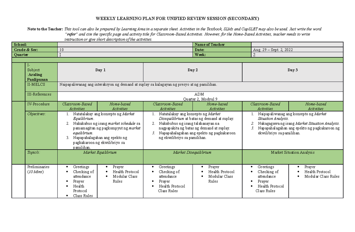 AP10 WLP WEEK2 - None - WEEKLY LEARNING PLAN FOR UNIFIED REVIEW SESSION ...