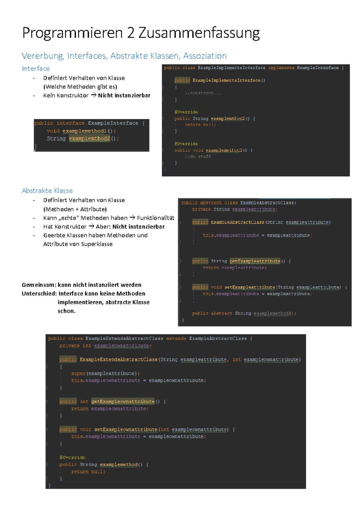 Prog2 Zusammenfassung - Programmieren 2 Zusammenfassung Vererbung, Interfaces, Abstrakte Klassen ...