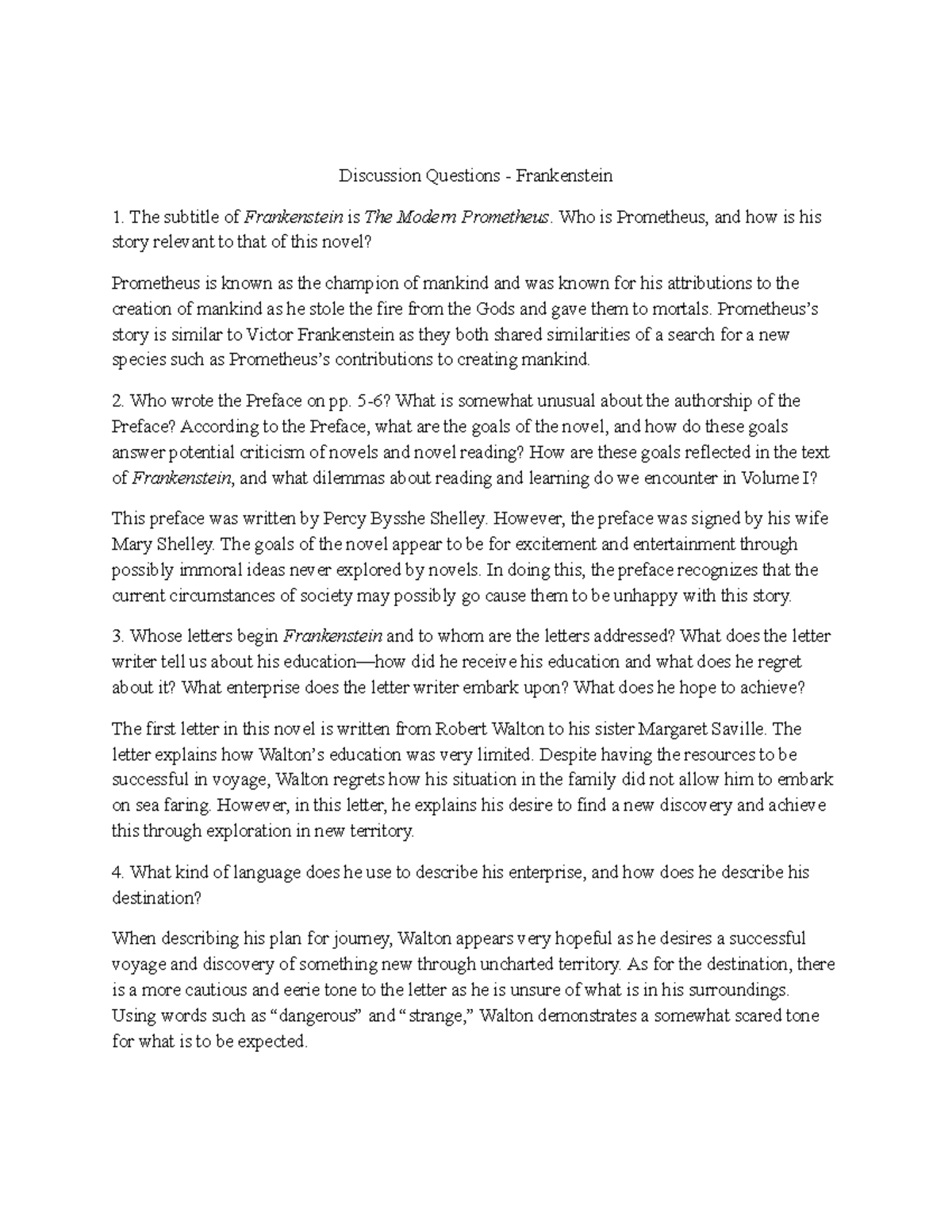 DQ - Frankenstein pt. 1 - Homework Questions - Discussion Questions ...