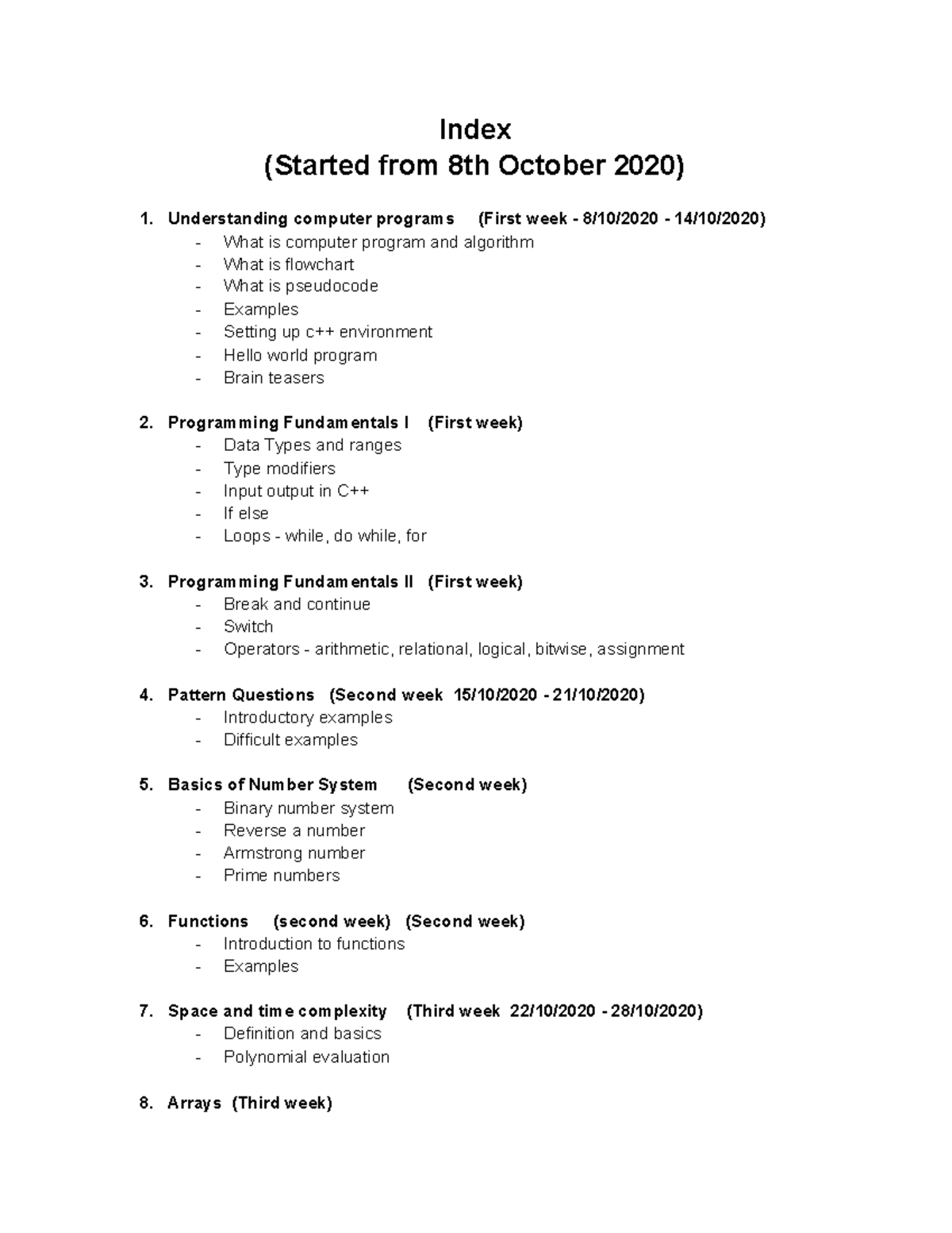 3.2 Timeline of C- Course - Index (Started from 8th October 2020) 1 ...