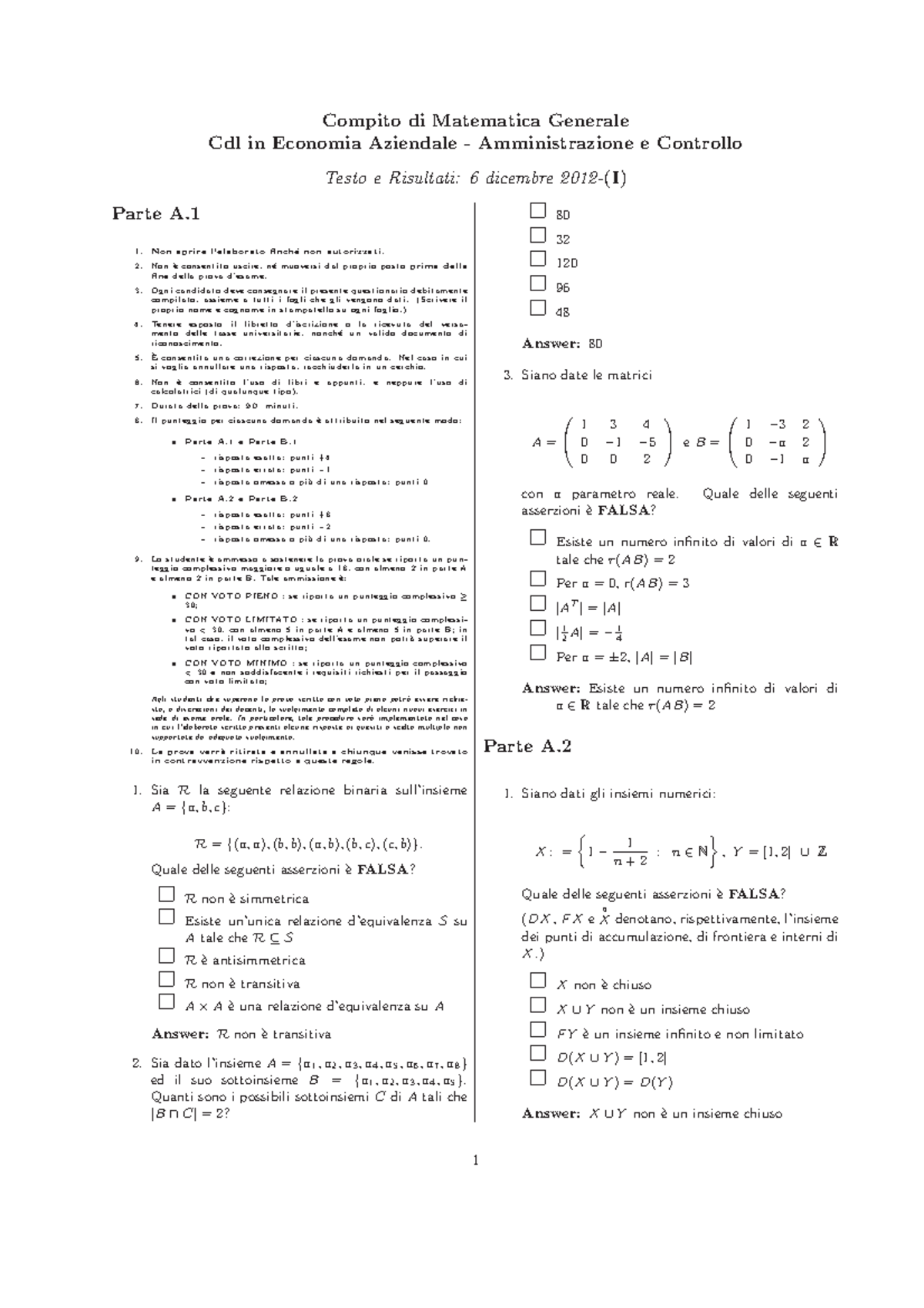 Compiti misti 2 - Compito di Matematica Generale Cdl in Economia Aziendale - Amministrazione e ...