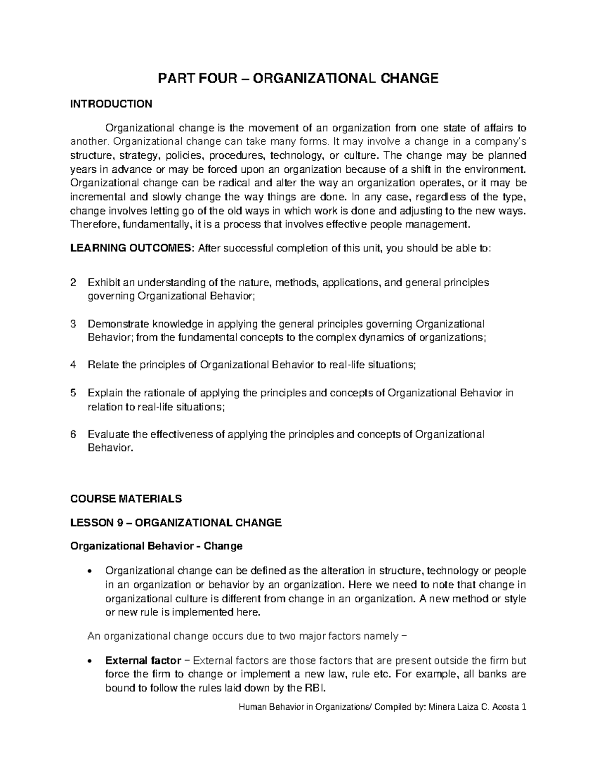 Lesson 9 - HBO - hope it helps^^ - PART FOUR – ORGANIZATIONAL CHANGE ...