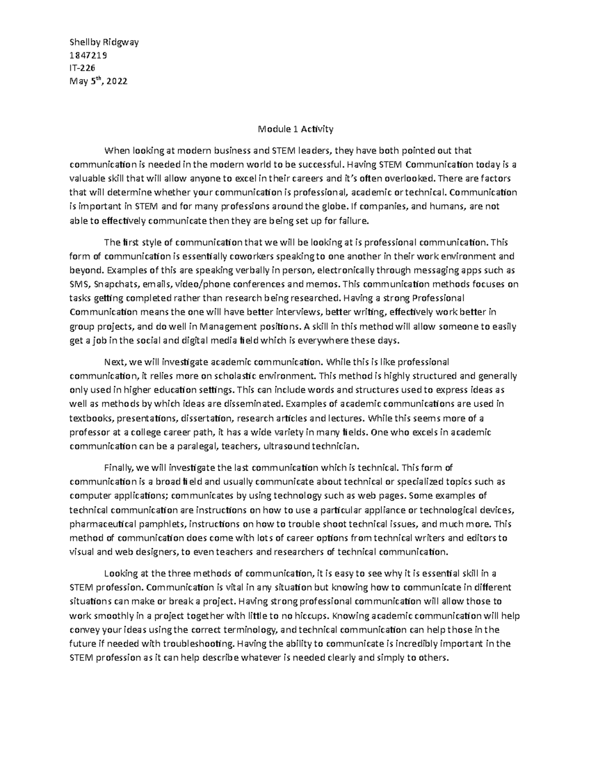 Module 1 Activity - IT226 - Shellby Ridgway 1847219 IT- May 5th, 2022 ...