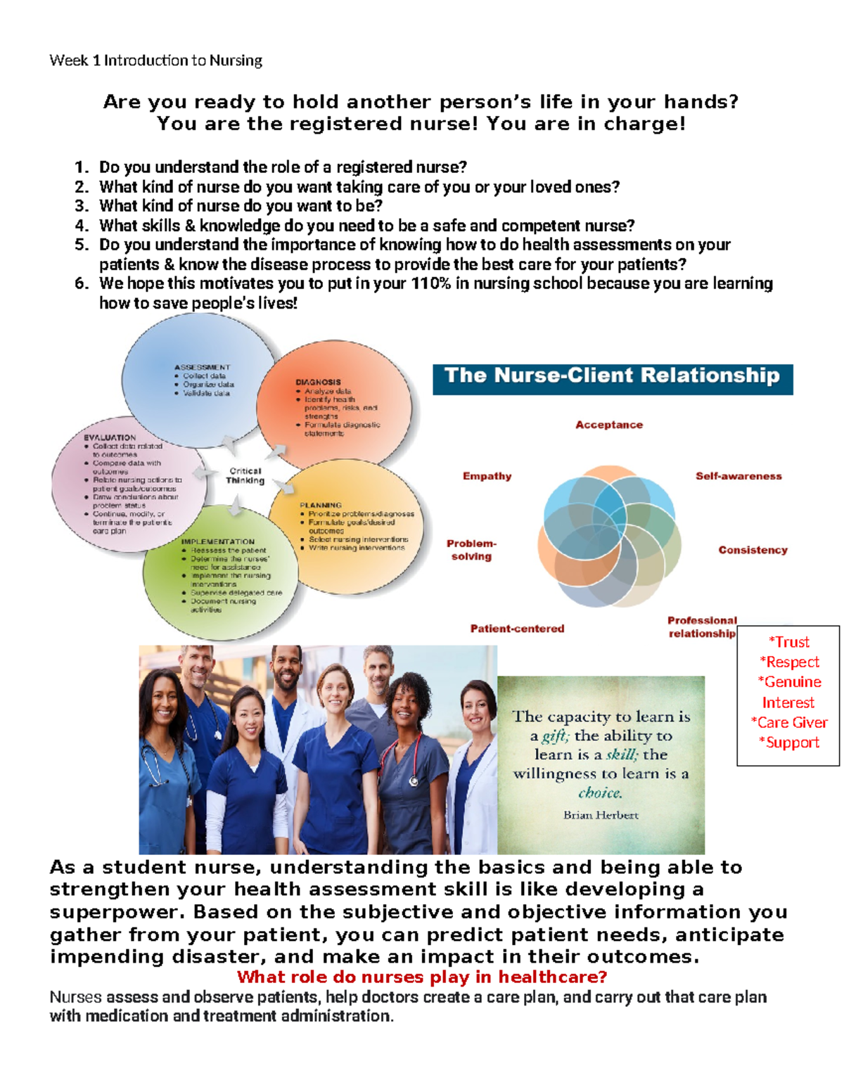 lesson plan notes - Week 1 Introduction to Nursing Are you ready to ...