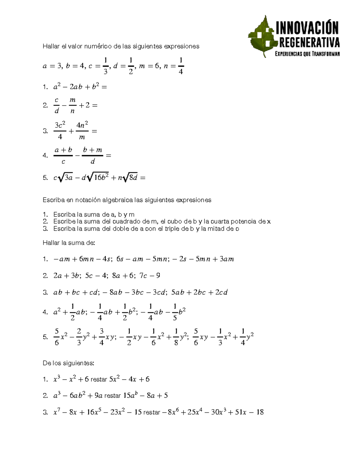 Ejercicios Algebra - Hallar el valor numérico de las siguientes ...