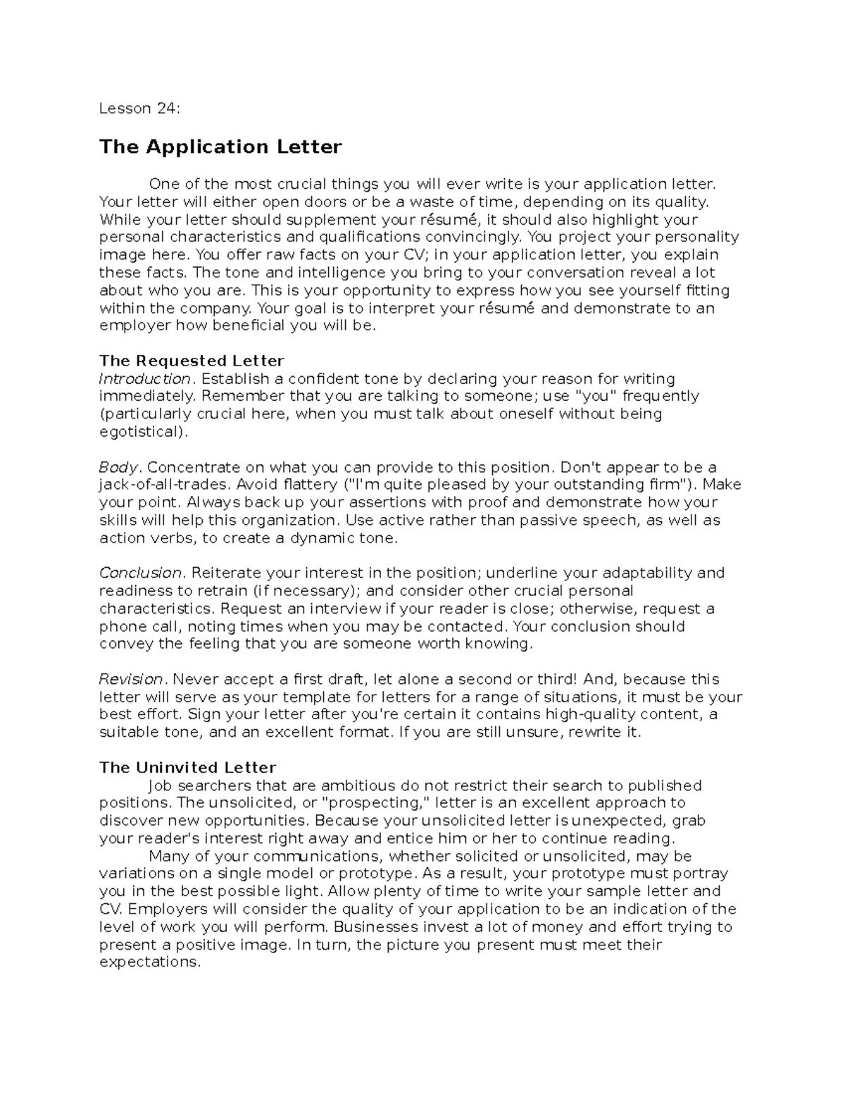 Lesson 24 The Application Letter - Lesson 24: The Application Letter ...
