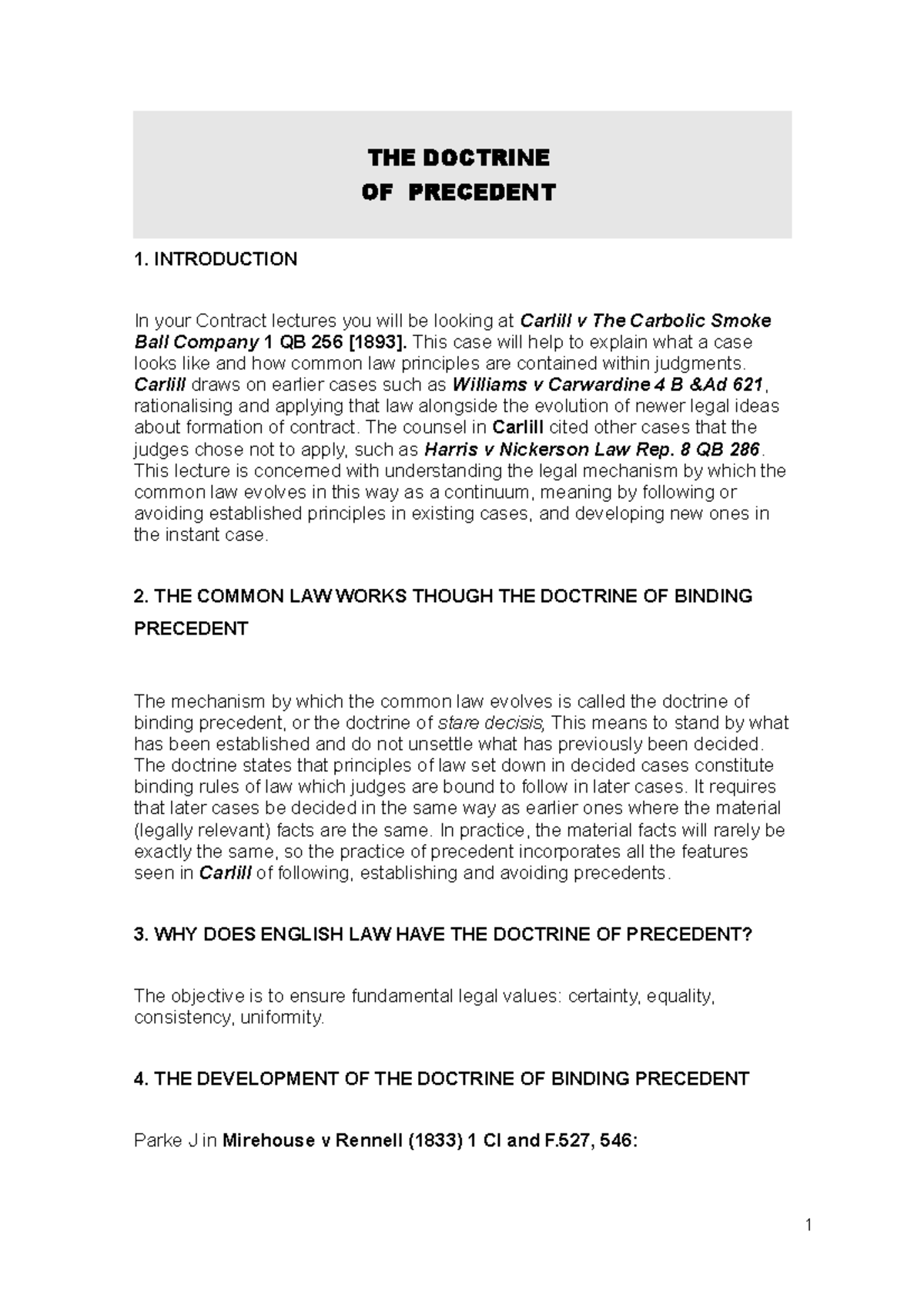 Outline on Judicial Precedent - THE DOCTRINE OF PRECEDENT 1 ...