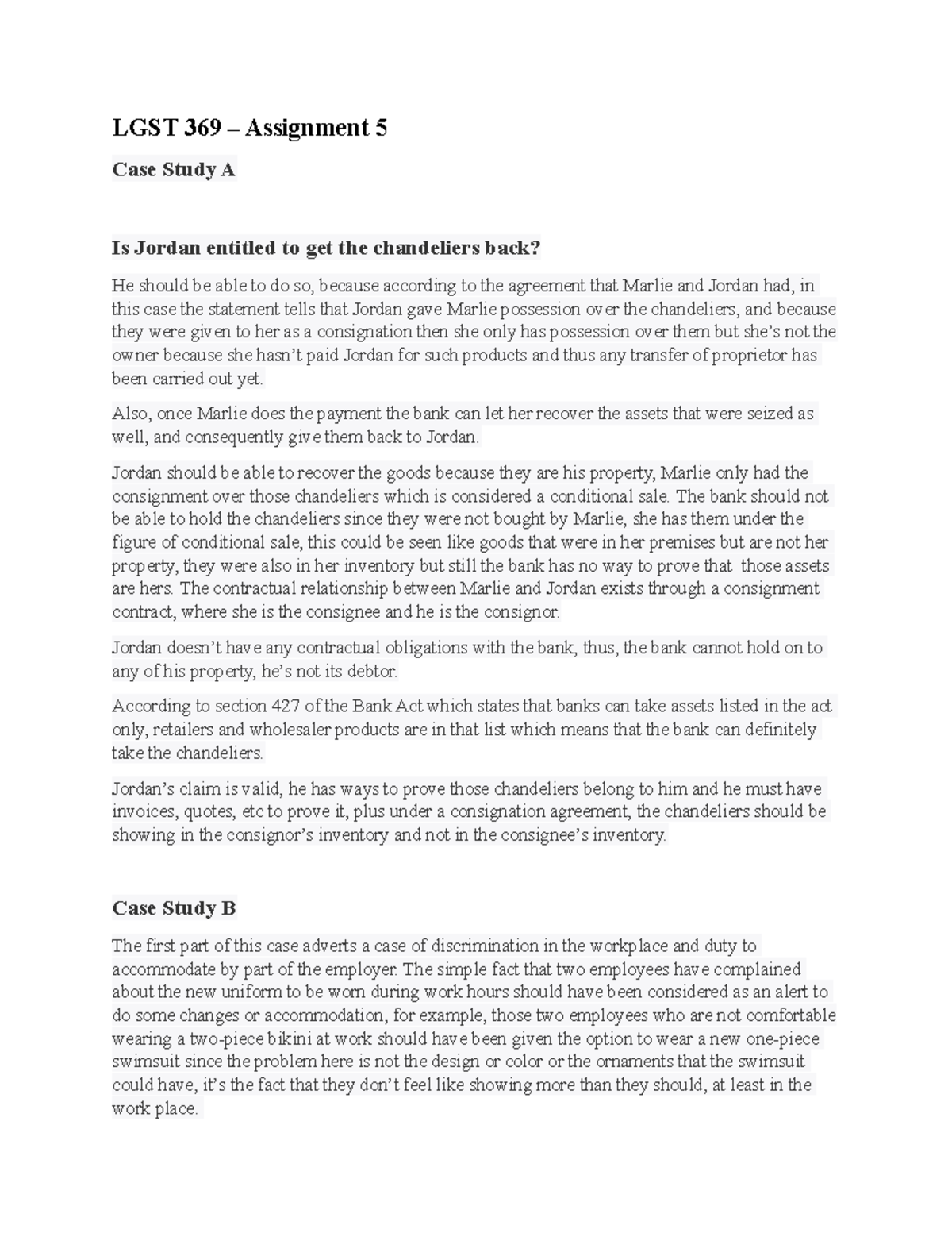 Assignment 5 - LGST 369 - LGST 369 – Assignment 5 Case Study A Is ...