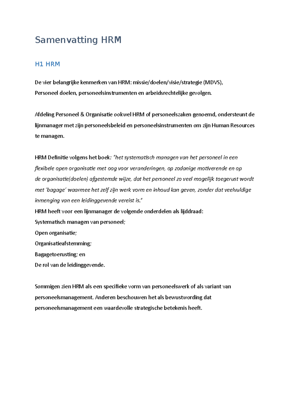 Samenvatting HRM H1 - Afdeling Personeel Organisatie ookwel HRM of ...