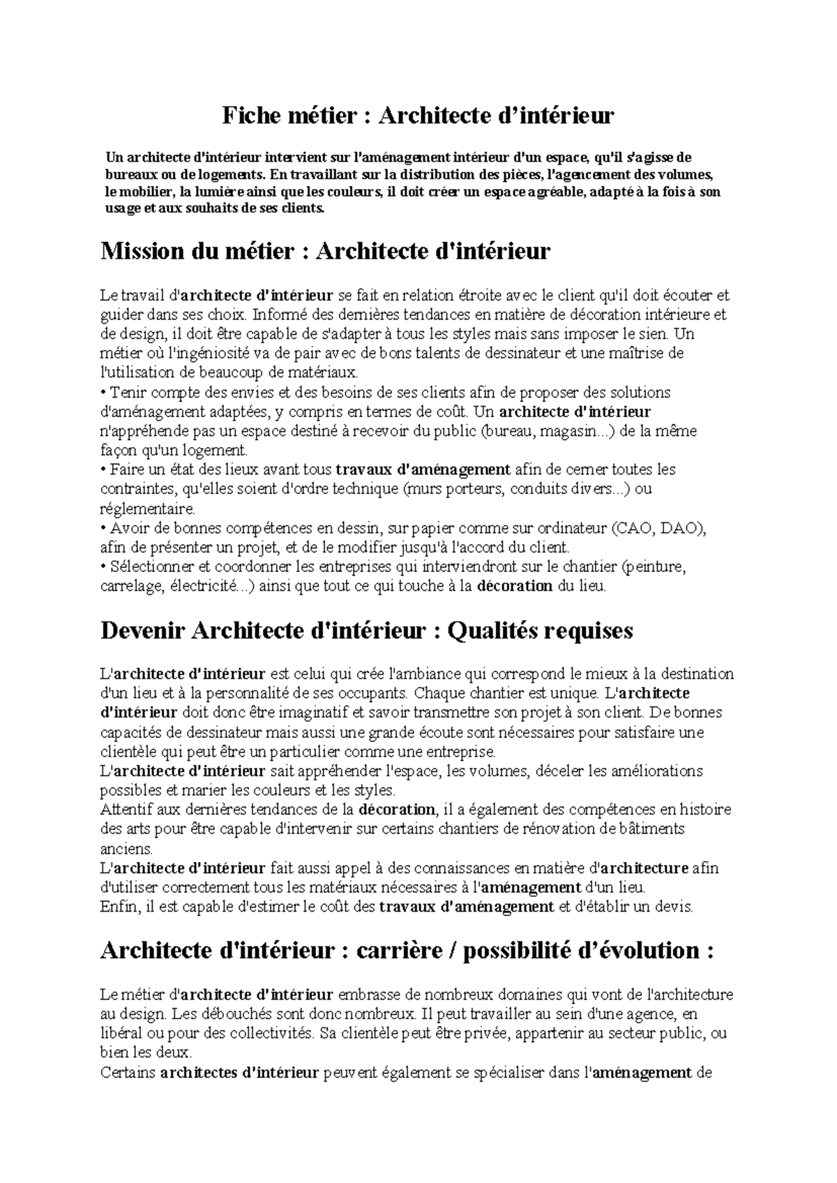 Fiche métier Architecte d'intérieur - Fiche métier : Architecte d ...