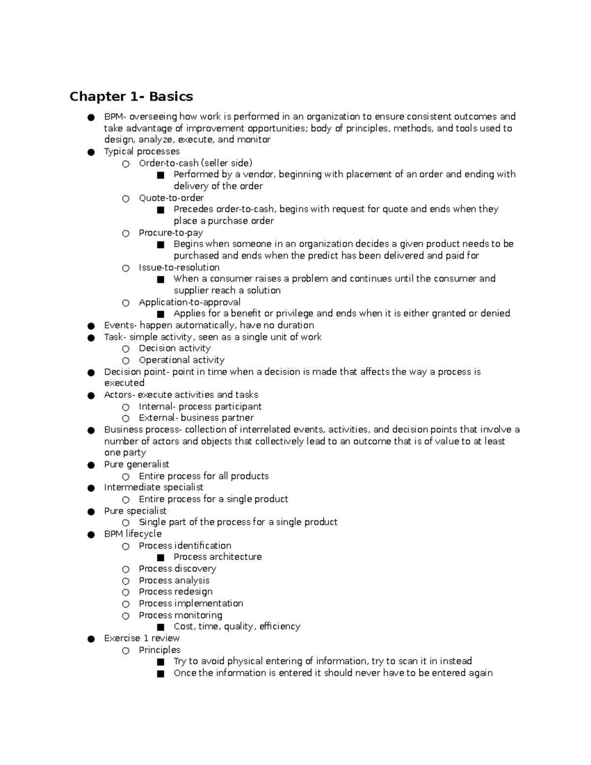 BPM Notes - BPMN Final Review - Chapter 1- Basics BPM- overseeing how ...