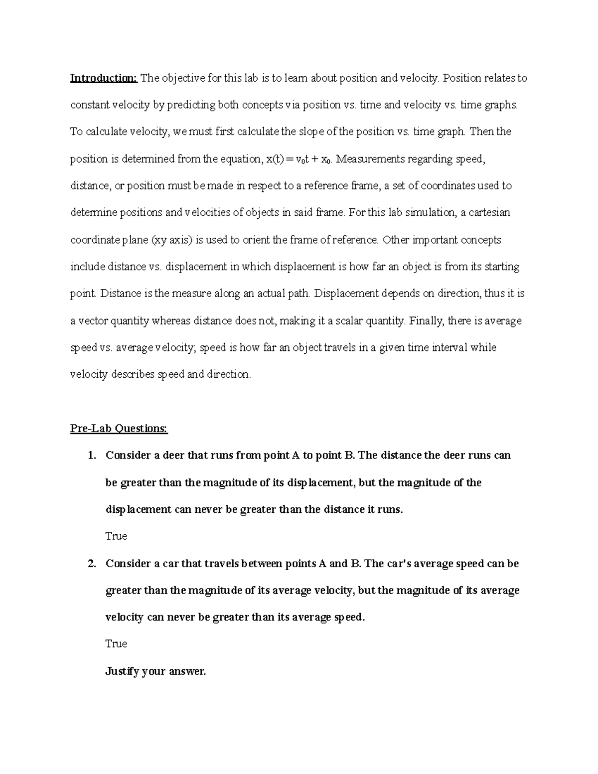 Physics Lab Report 1 - One Dimensional Velocity - Introduction: The ...