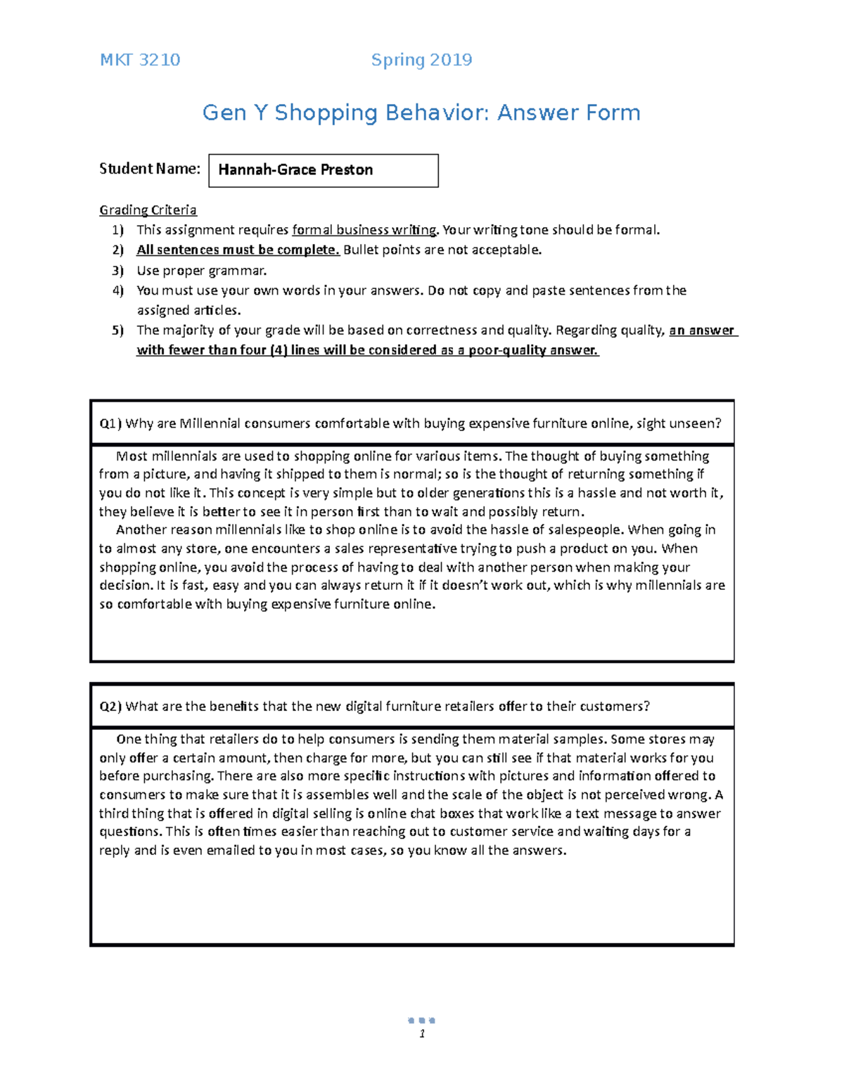 Assignment 2 Retail MGMT - MKT 3210 Spring 2019 Gen Y Shopping Behavior ...