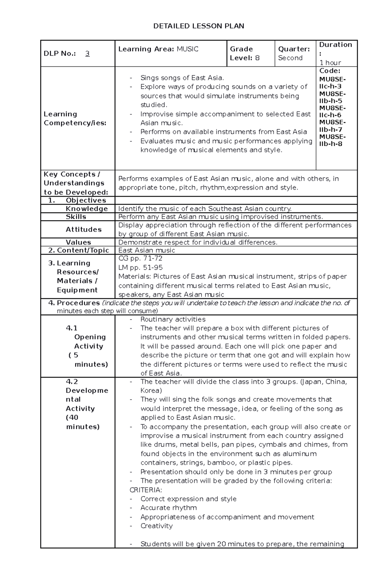 3 Music - DLP MAPEH 7 - DETAILED LESSON PLAN DLP No.: 3 Learning Area: MUSIC Grade Level: 8 ...