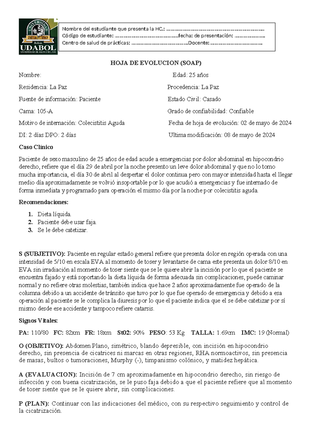 HOJA DE Evolucion - MODELO DE SOAP Y HC - HOJA DE EVOLUCION (SOAP ...