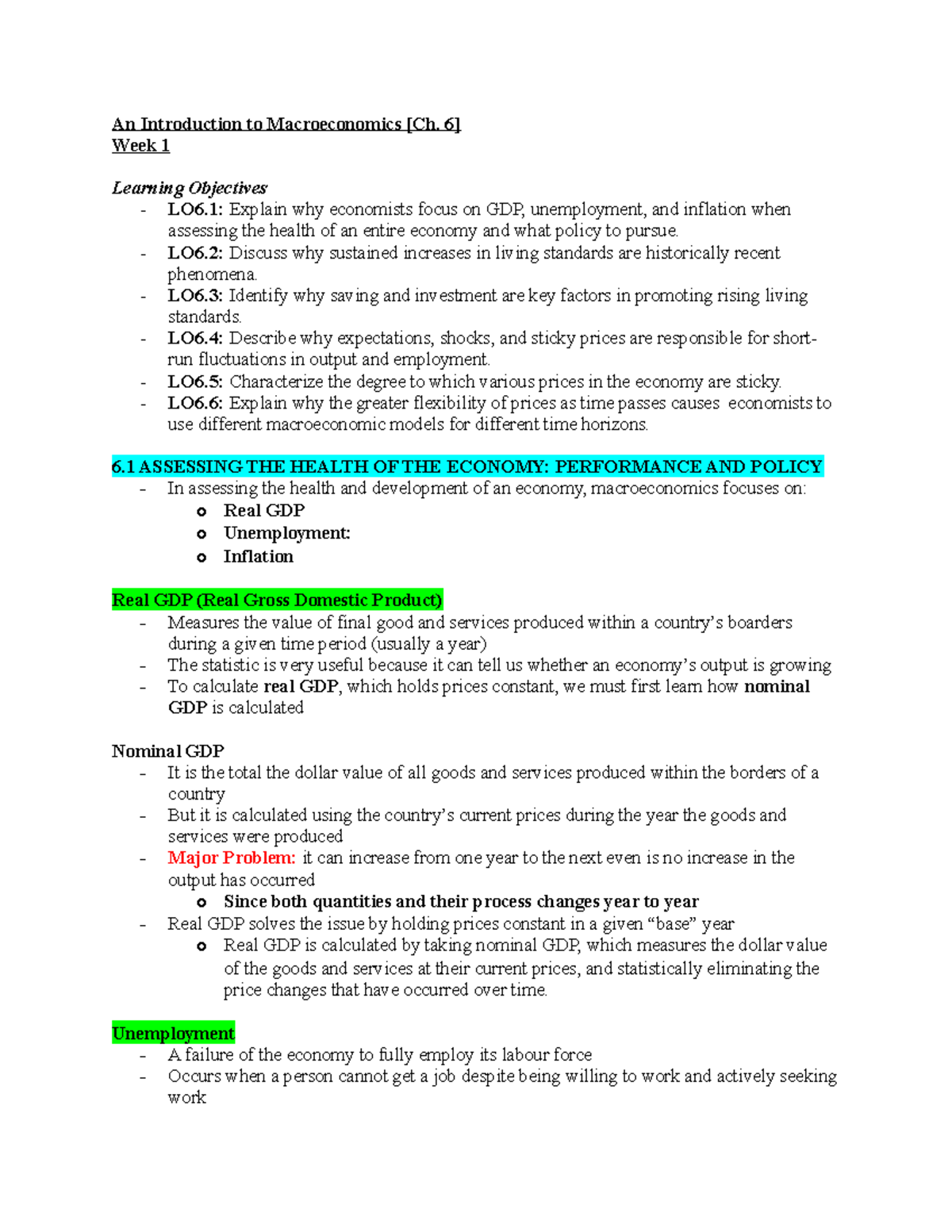 Week 1 Macro - notes - An Introduction to Macroeconomics [Ch. 6] Week 1 ...