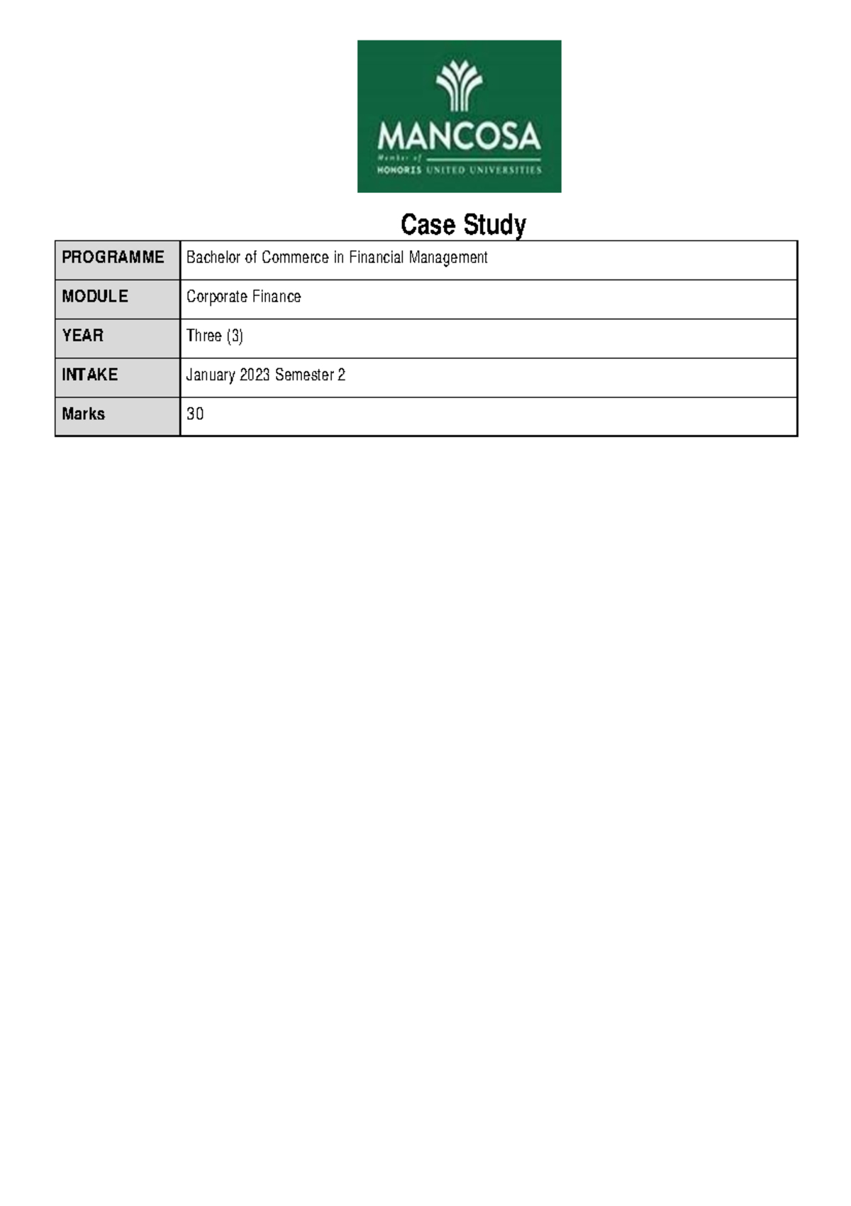 Corporate Finance Assignment - Case Study PROGRAMME Bachelor of ...