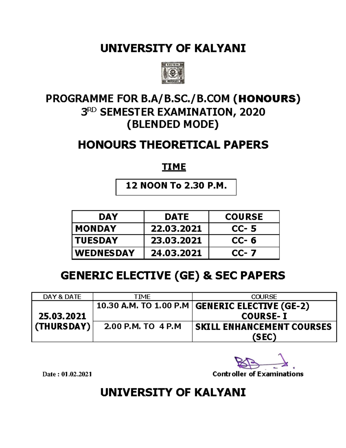 85948 U.G. 3RD Semester Programme,2020 - UNIVERSITY OF KALYANI ...